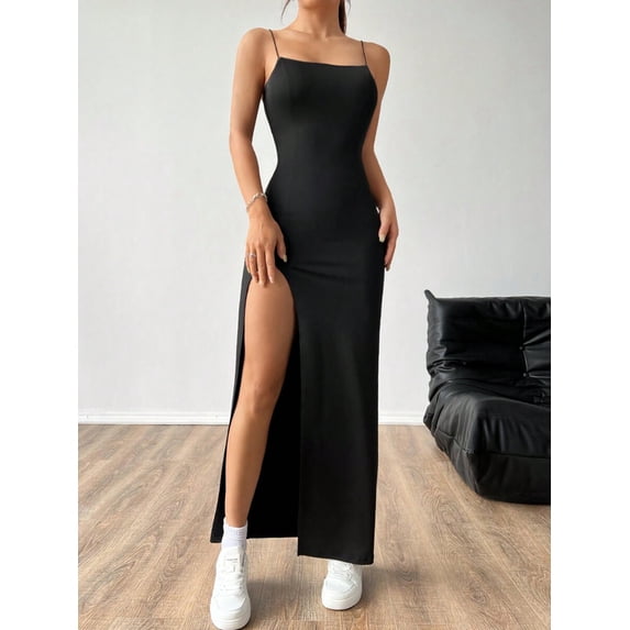 Black Womens Solid High Slit Spaghetti Strap Maxi Dress - Walmart.com