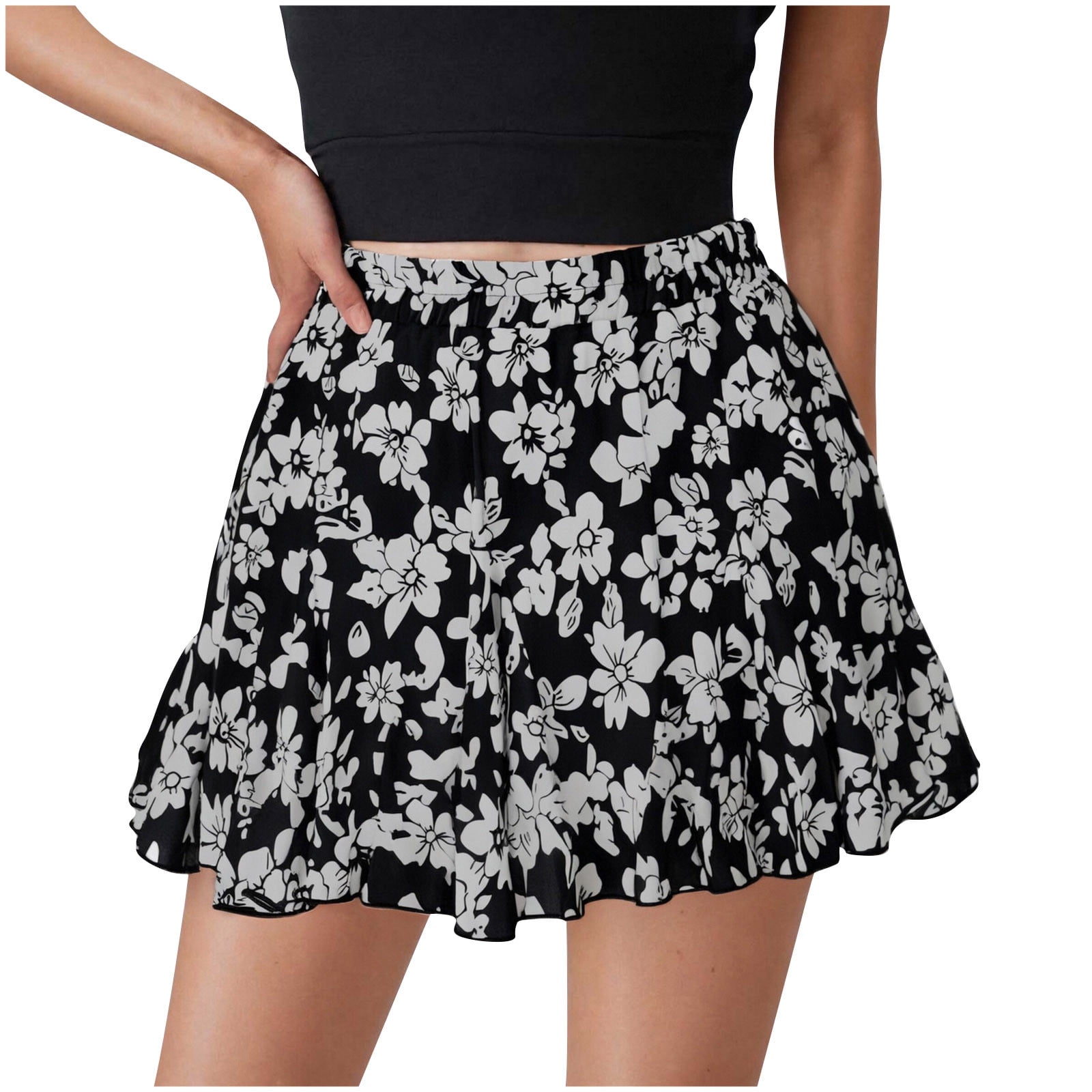 Black Womens Spandex Chiffon Brunch Skort for Ladies Floral Print Loose ...