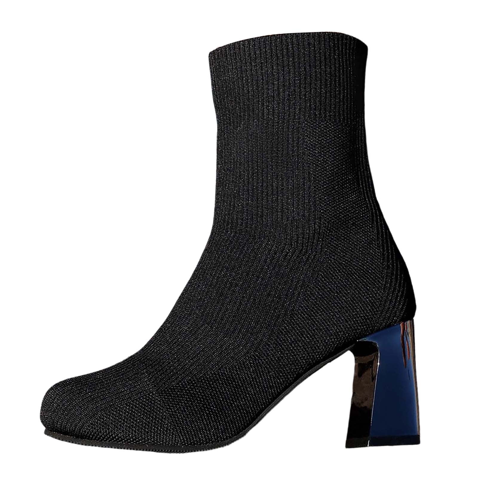 Black Womens Square Toe Knitted Boots With Chunky Heel For A Warm And ...