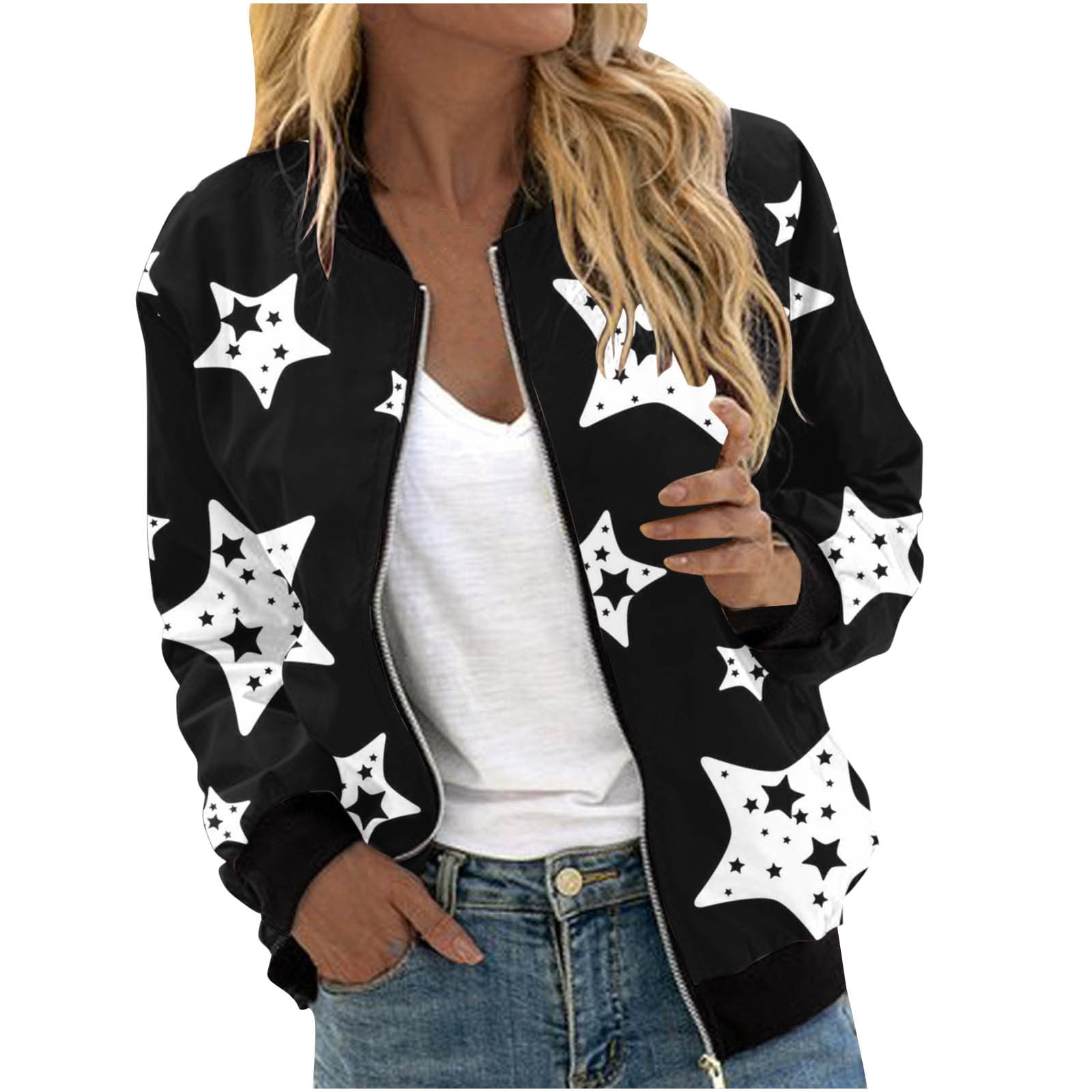 Black Womens Star Graphic Coat for Ladies Spandex Brunch Fall Winter ...
