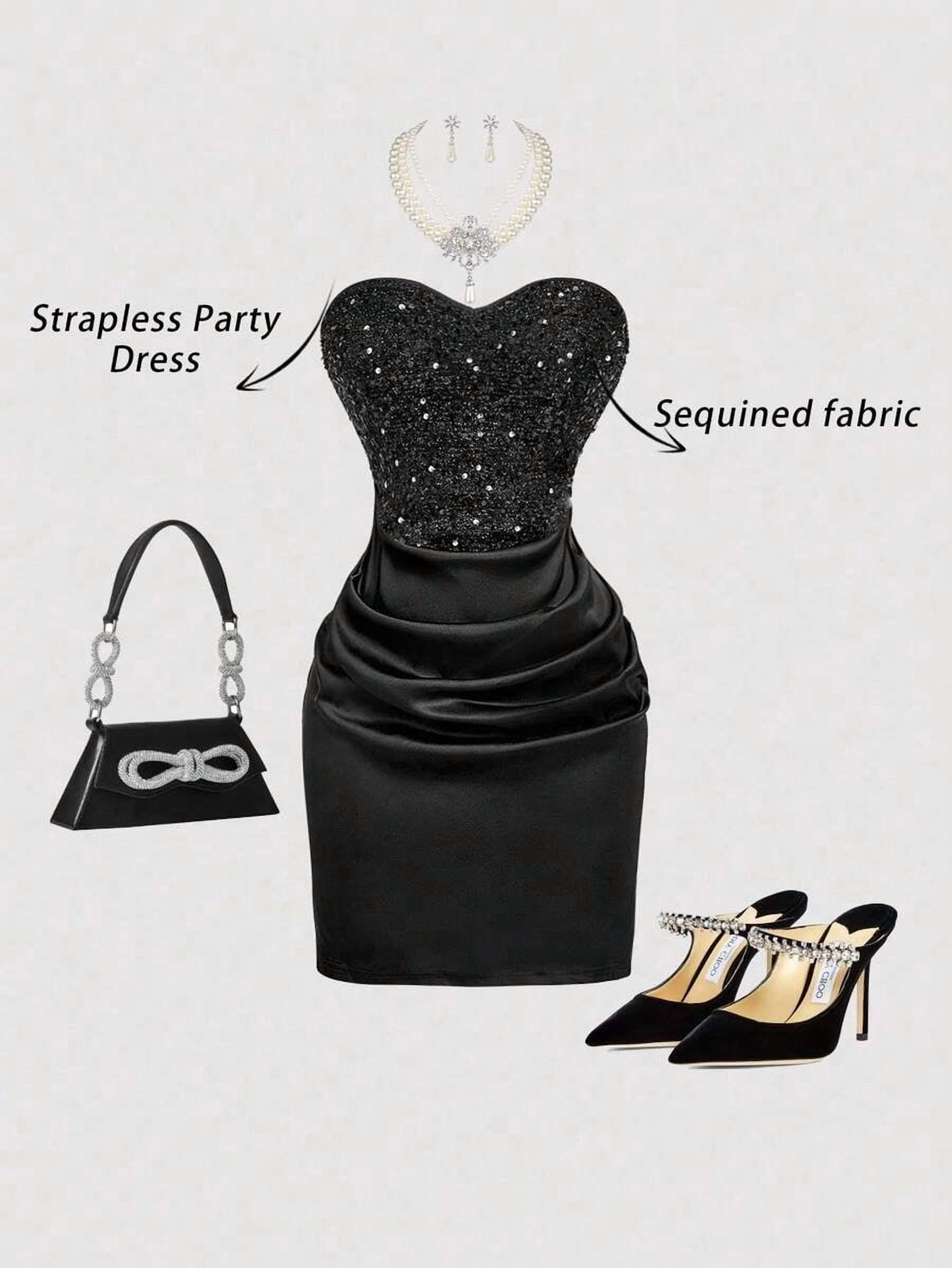 Black Womens Strapless Sequin Sweetheart Neck Bodycon Mini Dress For ...