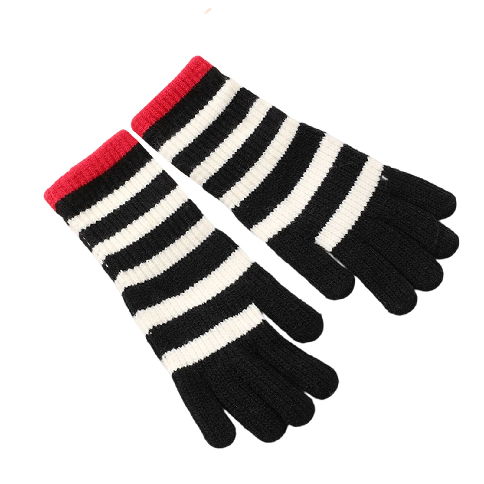 Black Womens Striped Color Block Touchscreen Knitted Gloves For Winter ...
