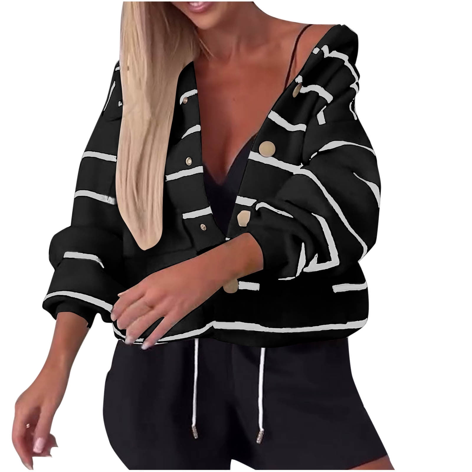 Black Womens Striped Hooded Basic Hoods Shacket Outfits for Ladies Long ...