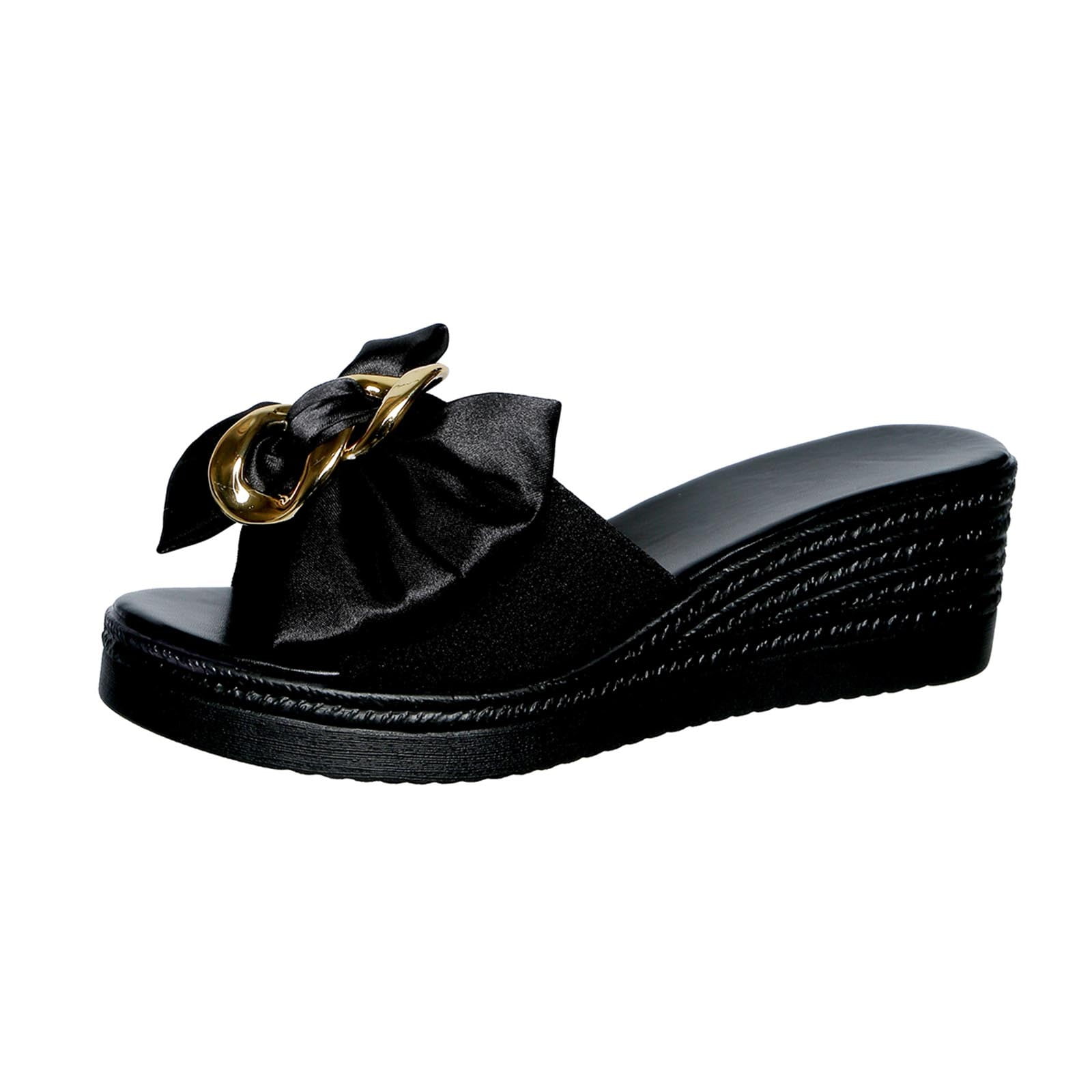 Black Womens Summer Bow Accent Wedge Wedge Heel Slide Sandals For ...