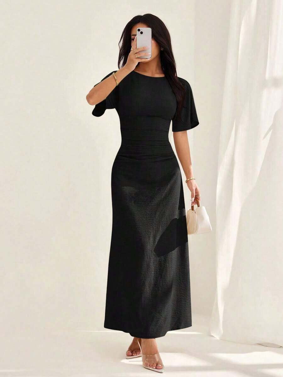 Black Womens Summer Linen Blend Solid Color Elegant Maxi Dress With ...