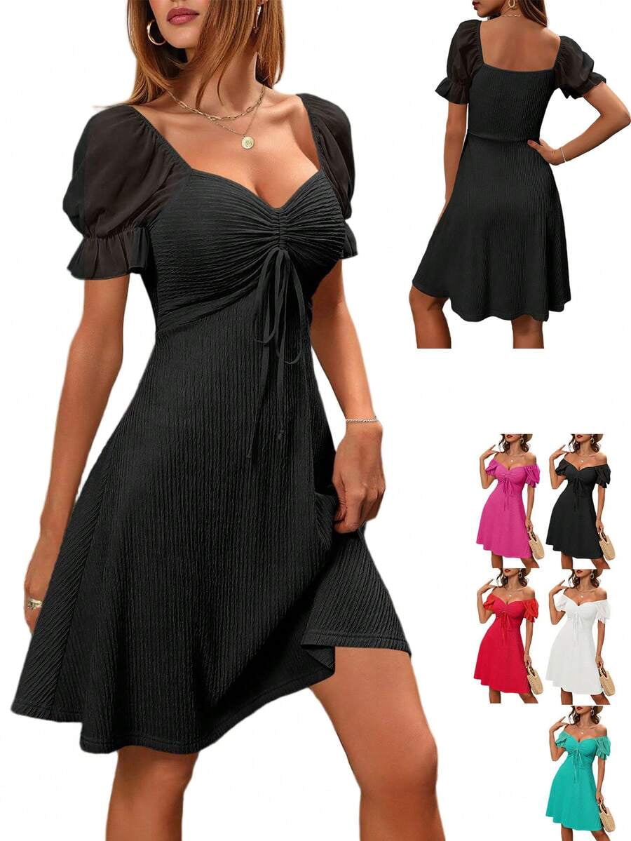 Black Womens Summer Puff Sleeve Mini Dress With Drawstring Sweetheart ...