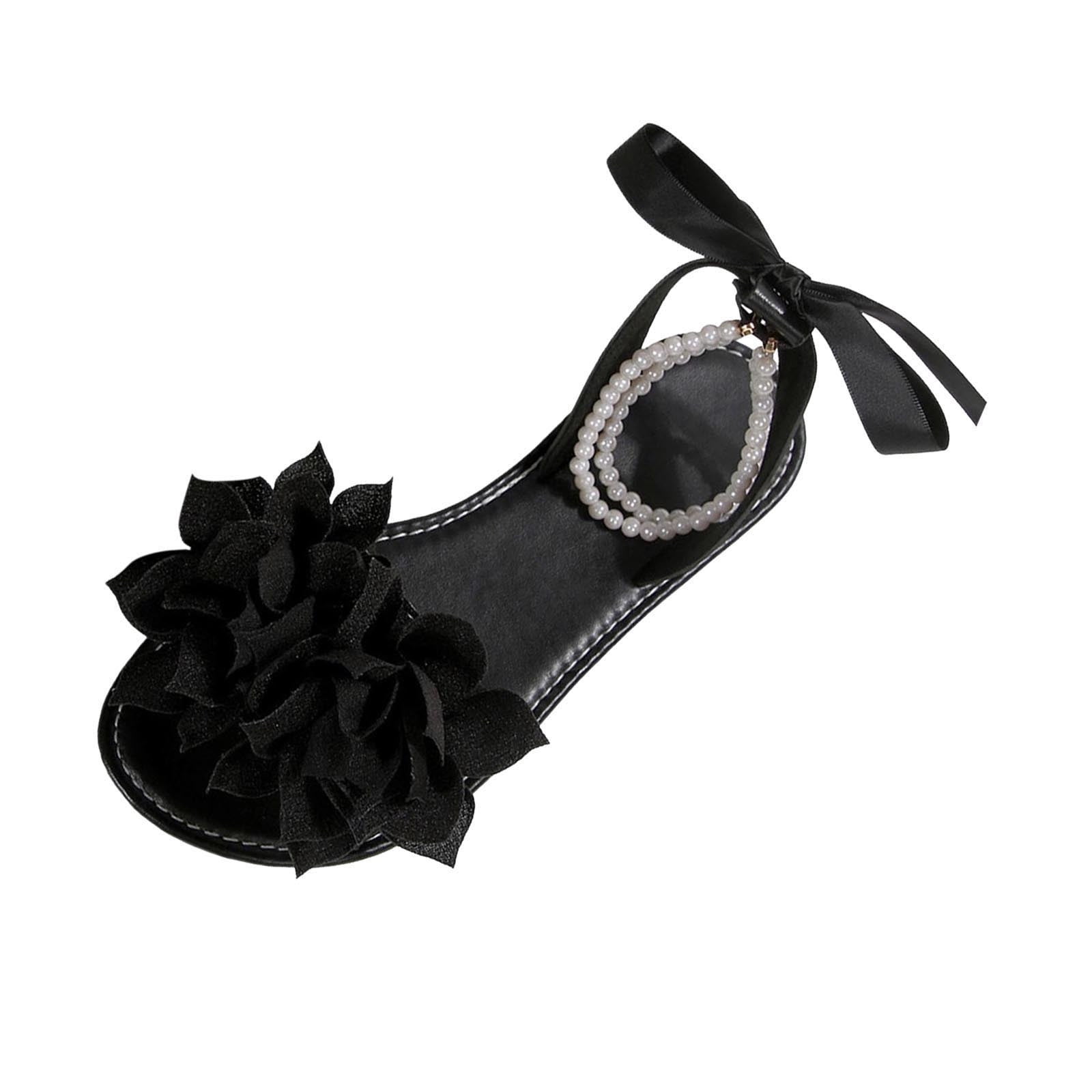 Black Womens Summer Slip On Sandals Flower Pearl Bowknot Open Toe Round ...