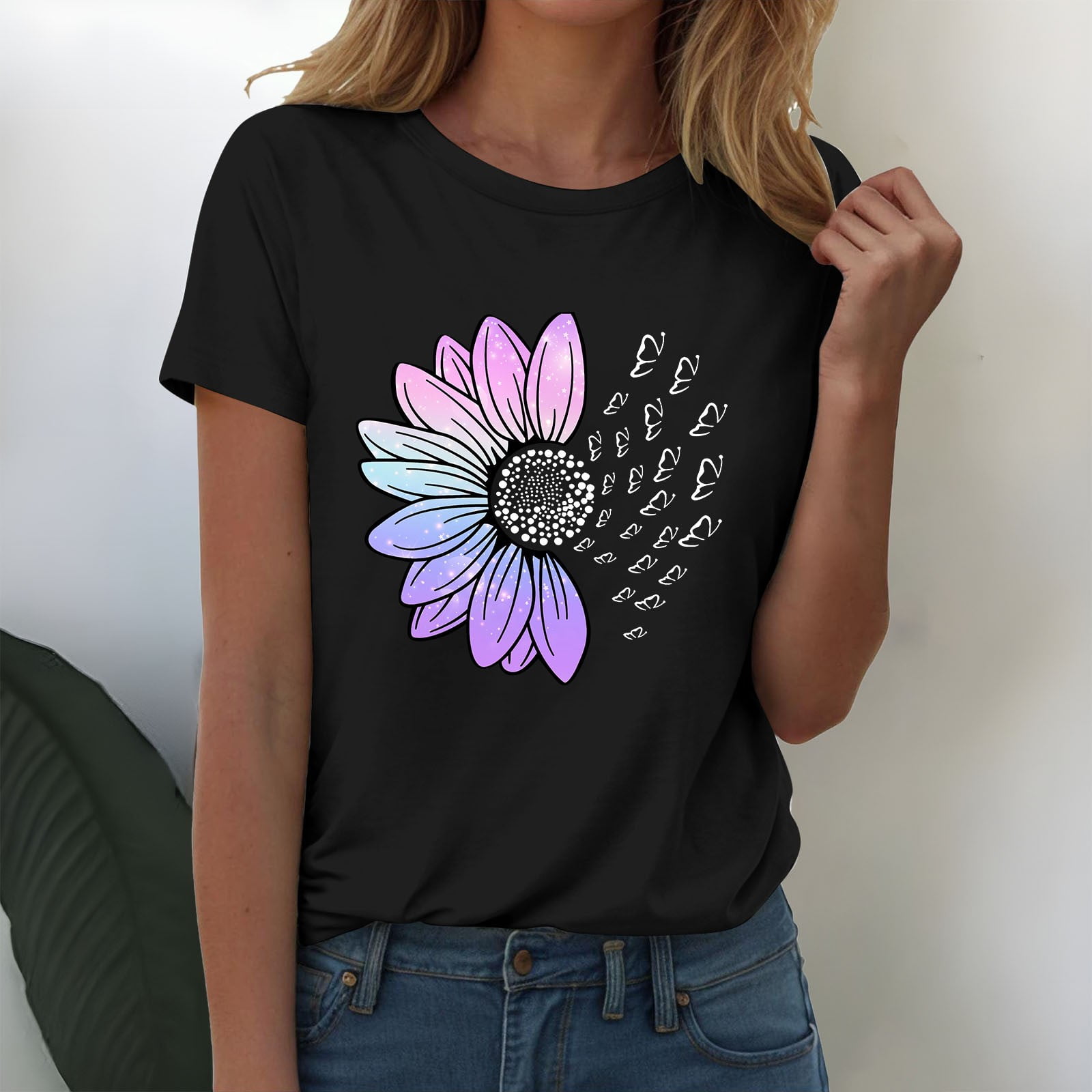 Black Womens Summer Tops Womens Fashion Workout T Shirts Athletic Plus ...