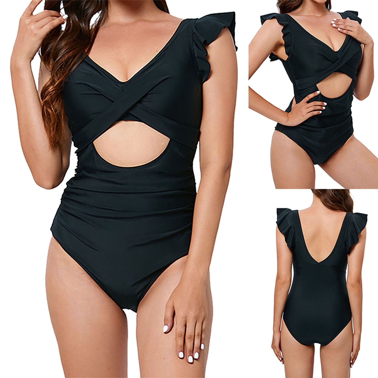 Black Womens Swimsuits 1piece Swimsuit Ruffle Cutout Swimdress V Neck