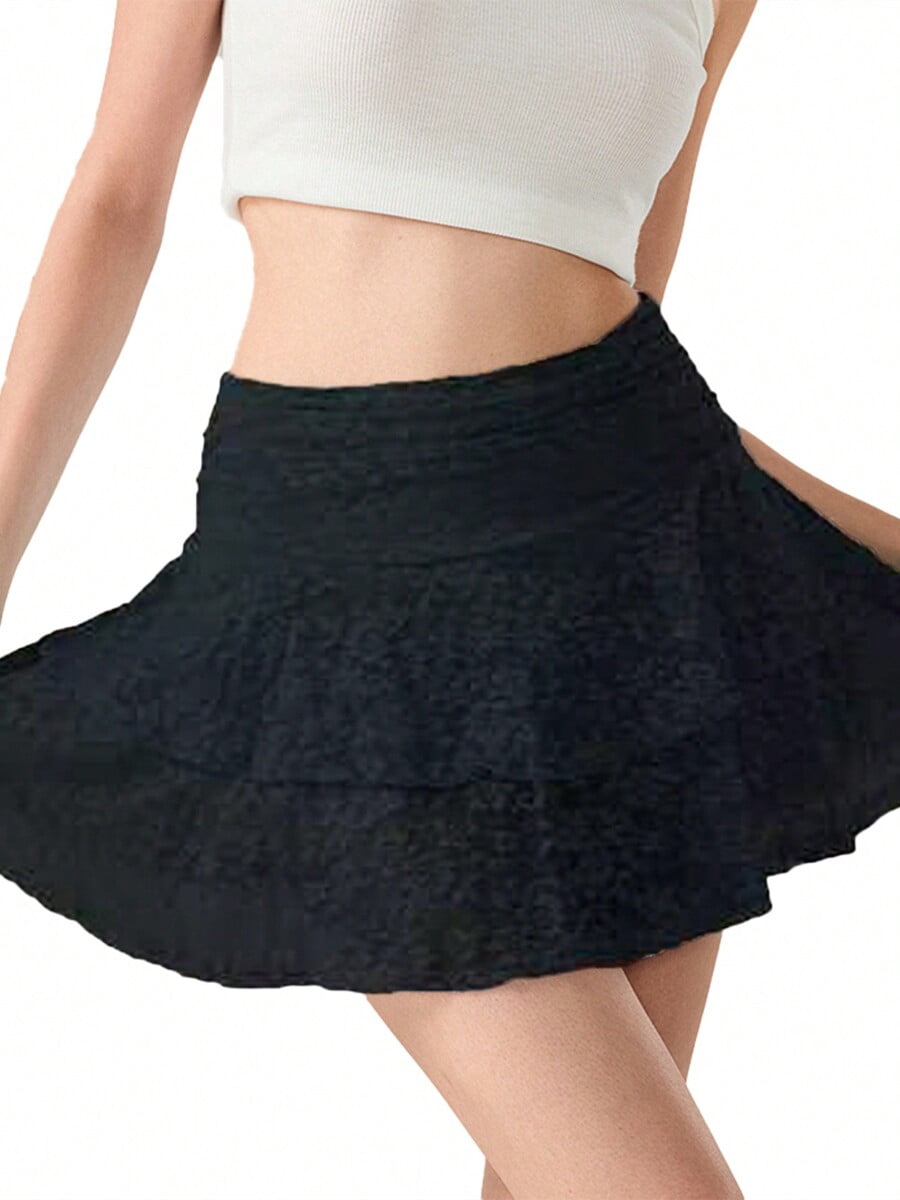 Black Womens Tiered Ruffle Mini Skirt With Elastic Waist Flowy Layered ...