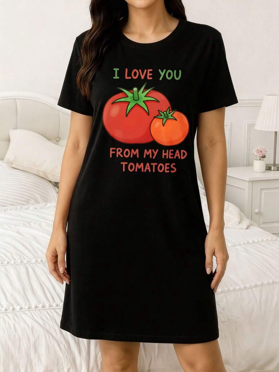 Black Womens Tomato Print Sleep Dress, Loose Fit Short Sleeve Round ...