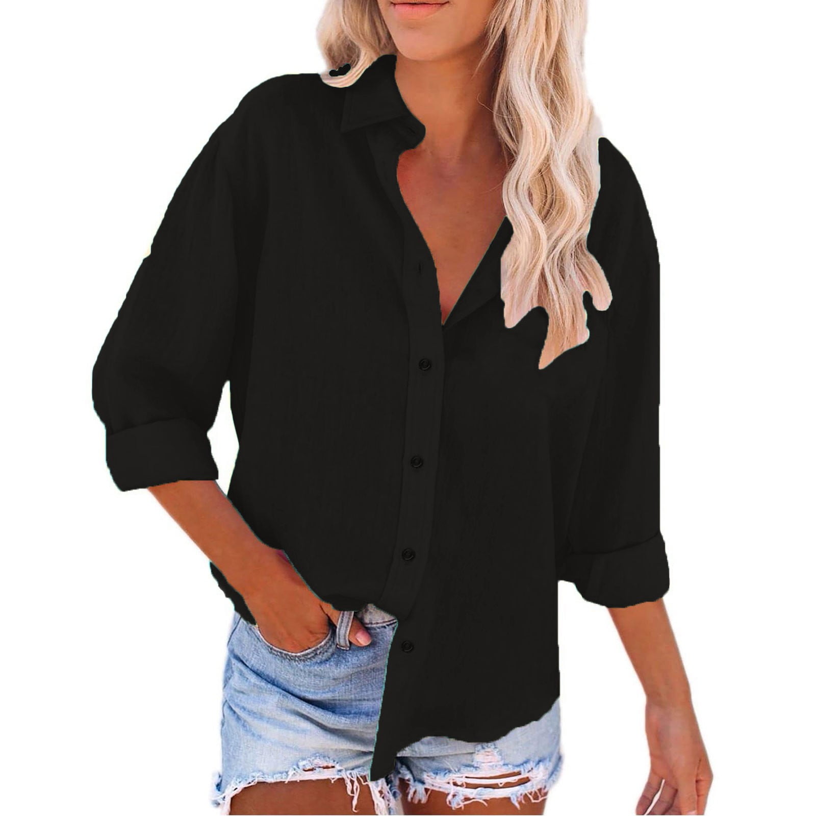 Black Womens Tops Linen Women's Spring Summer Solid Color Shirt Long ...