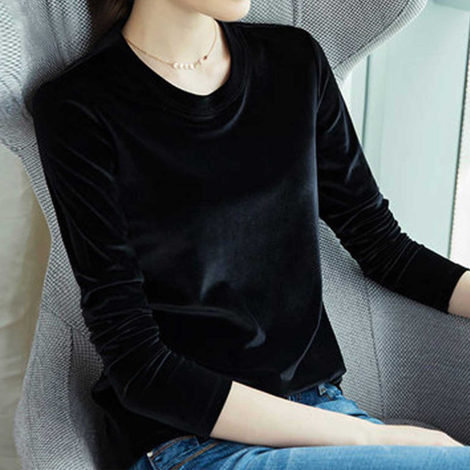 Black Womens Tops Velvet Tops for Women Long Sleeve Round Neck Shirt ...