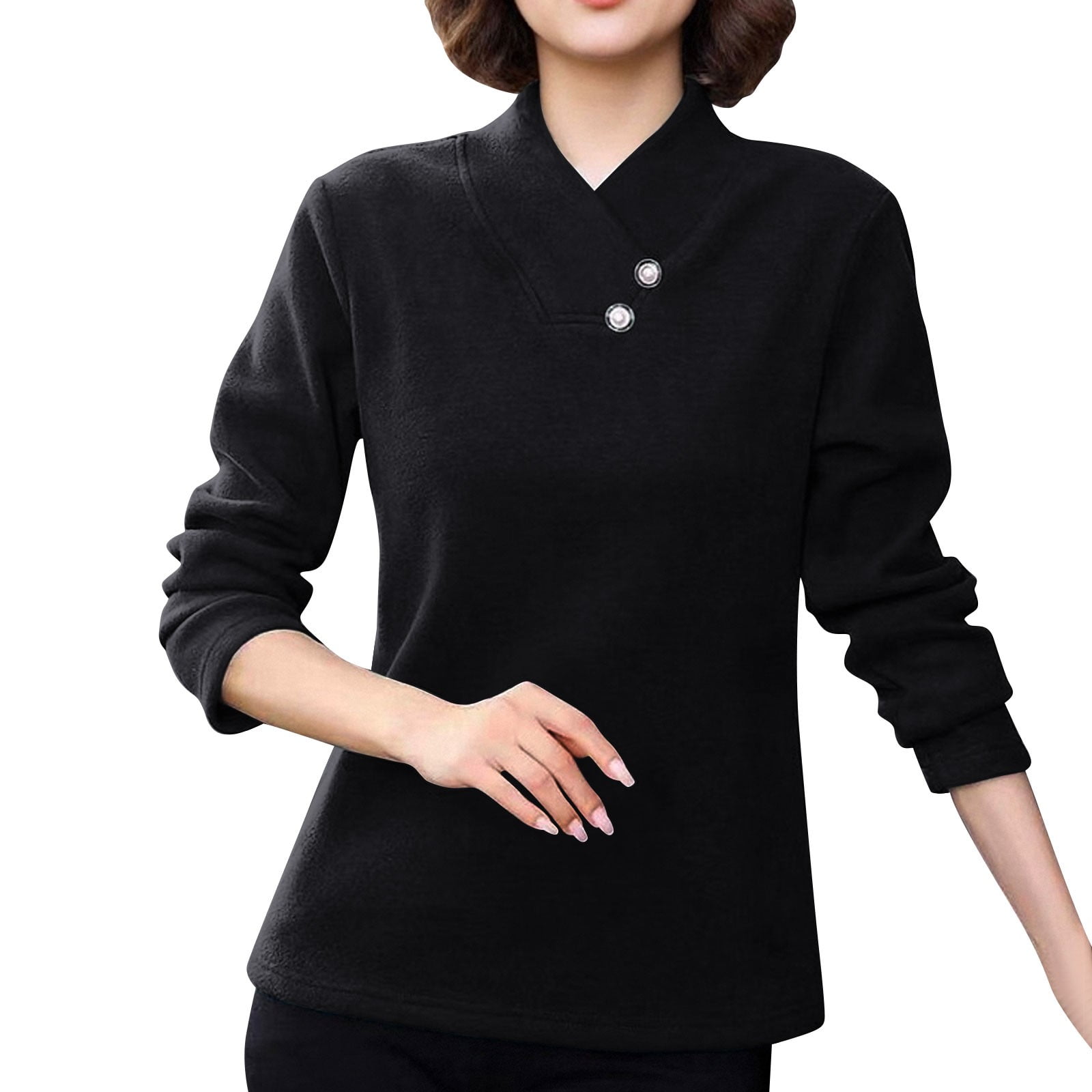Black Womens Tops Vneck Spandex Fleece Lined Wool Blouse for Women Long ...