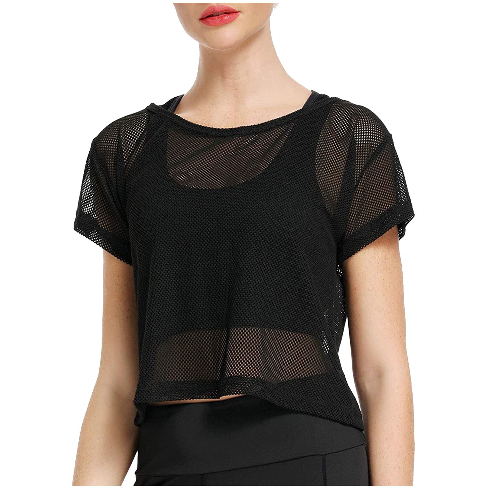 Black Womens Tops Women Sheer Mesh Fishnet T-Shirt Crop Top Short ...