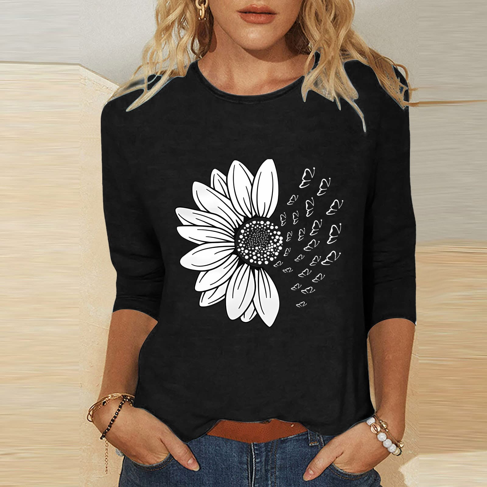 Black Womens Tops Women's Sunflower Chrysanthemum Flower Butterfly ...