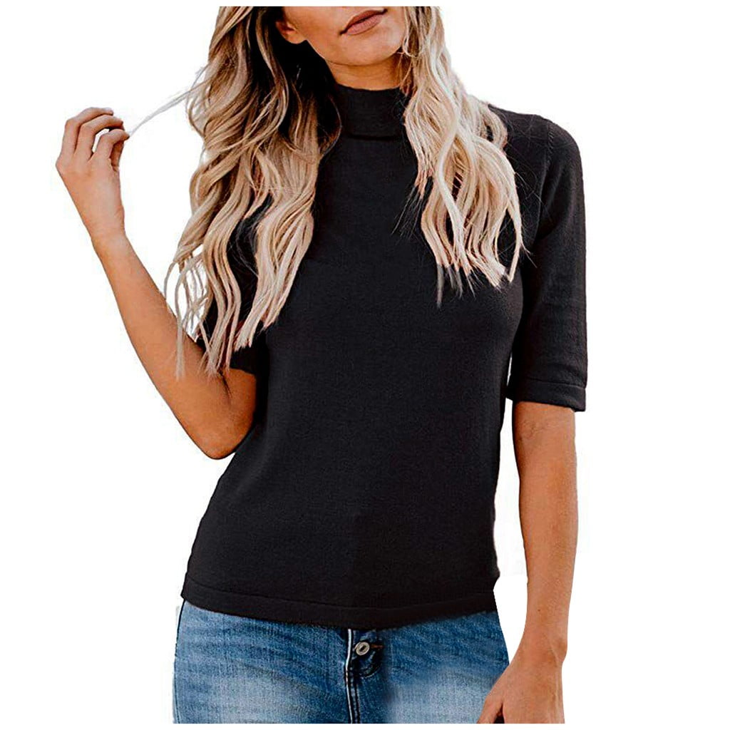 Black Womens Tops Womens Summer Plain T-Shirt Mock/Turtle Neck Half ...