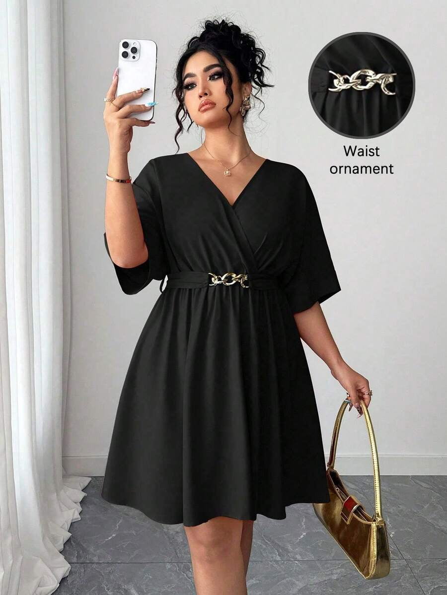 Black Womens V-Neck Wrap Cinched Waist A-Line Dress With Ornamental ...
