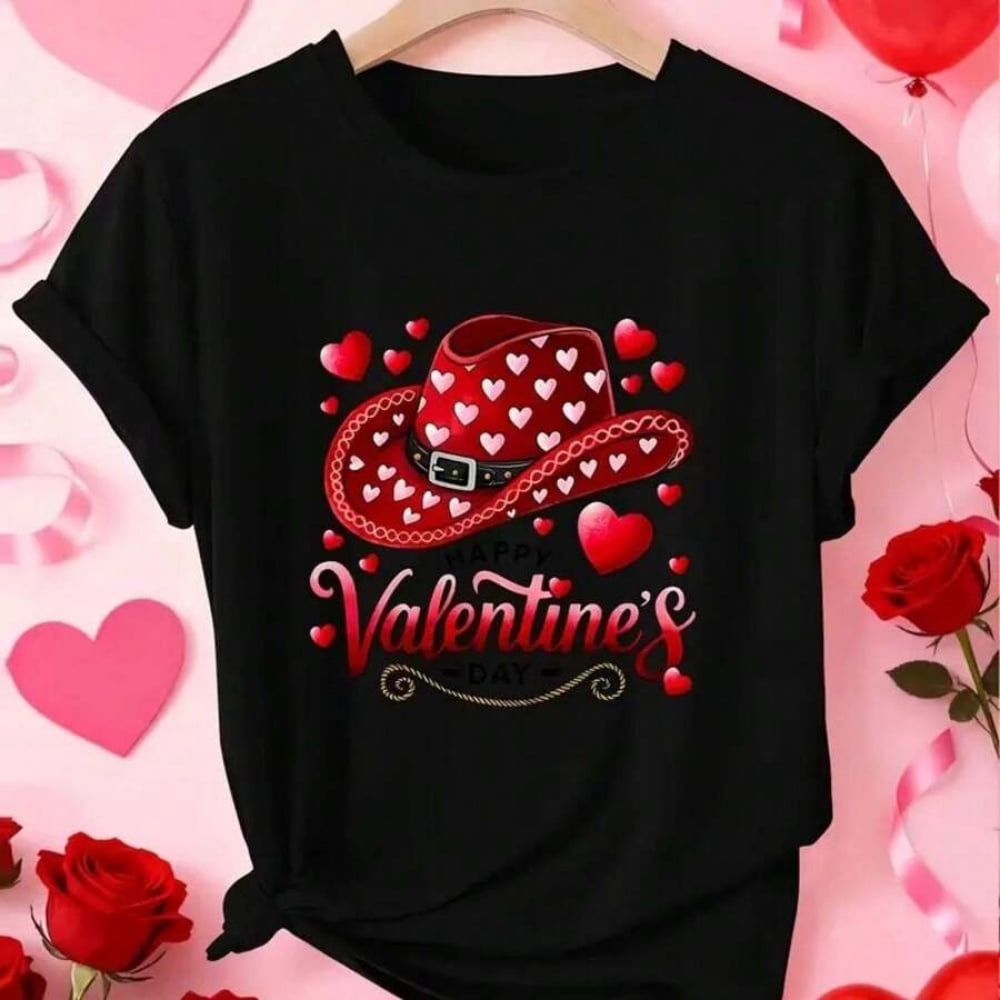Black Womens Valentines Day Graphic T-Shirt With Cowboy Hat And Heart ...