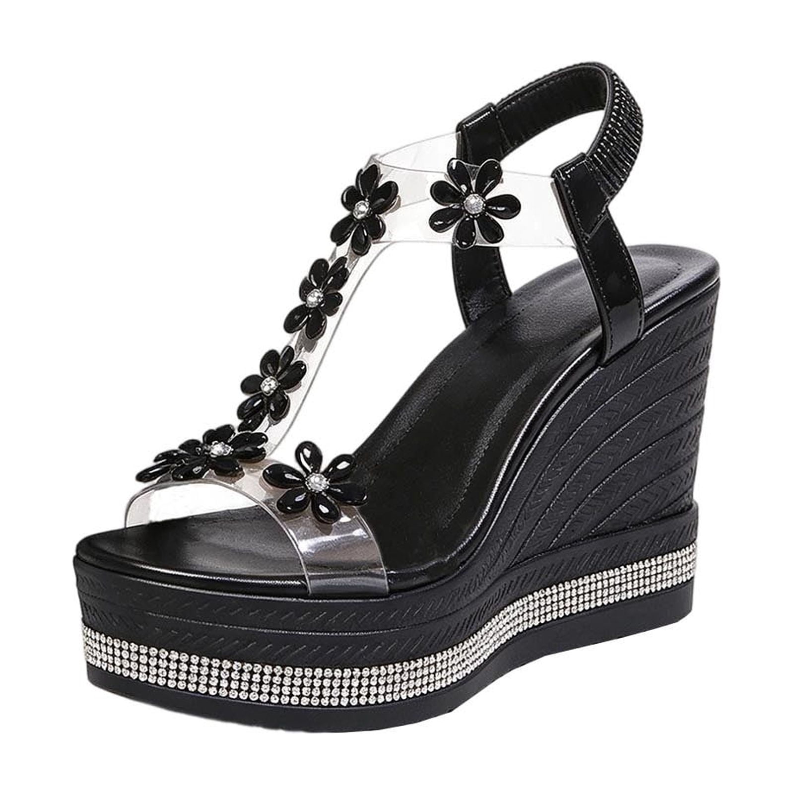 Black Womens Wedge Heel Plus Size Sandals Sparkly Embellishment ...