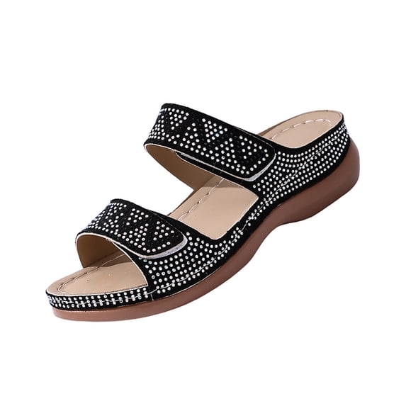 Black Womens Wedge Slippers Round Toe Open Toe Shiny Rhinestone Inlay ...