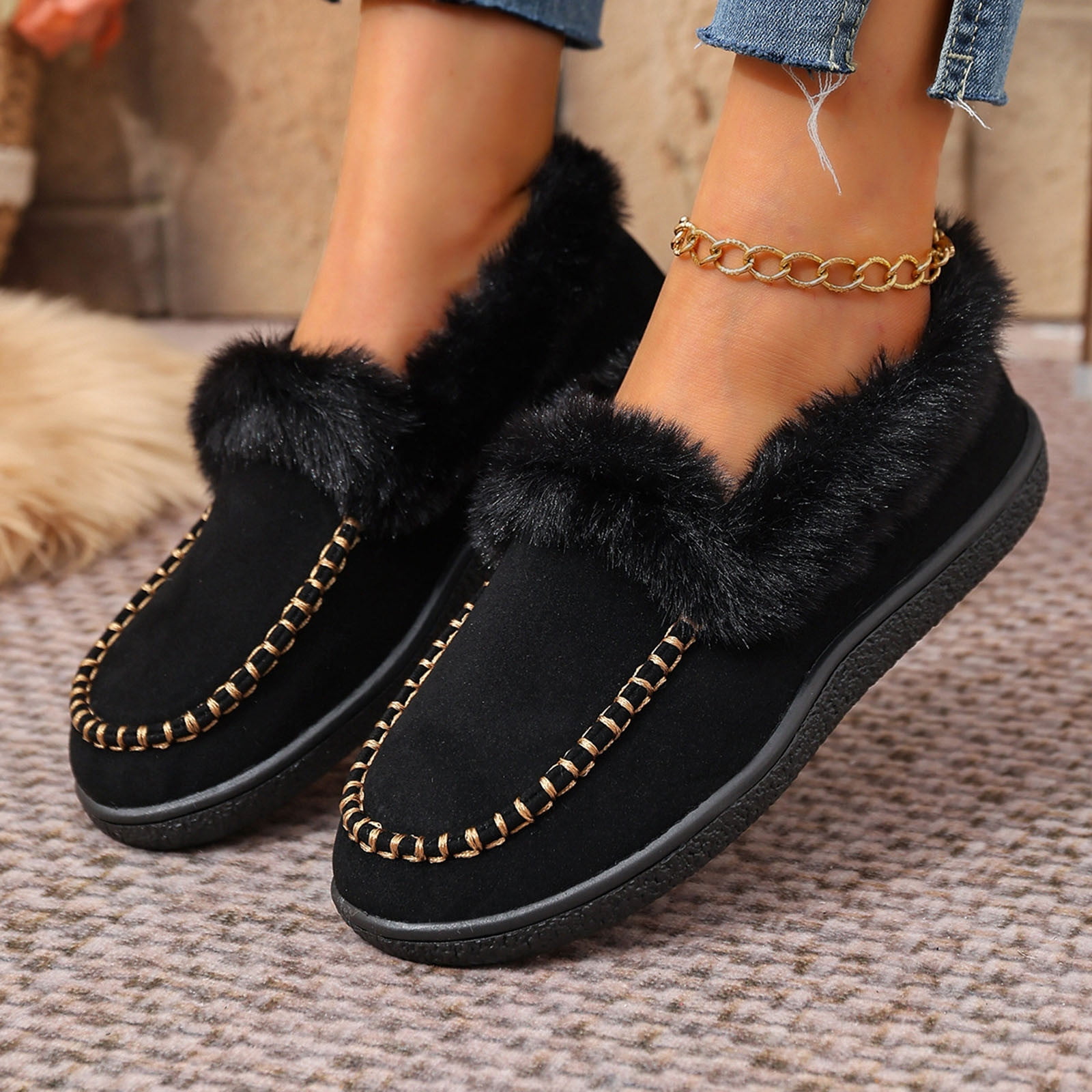 Black Womens Winter Cotton Shoes Moccasin Style Solid Color Round Toe ...