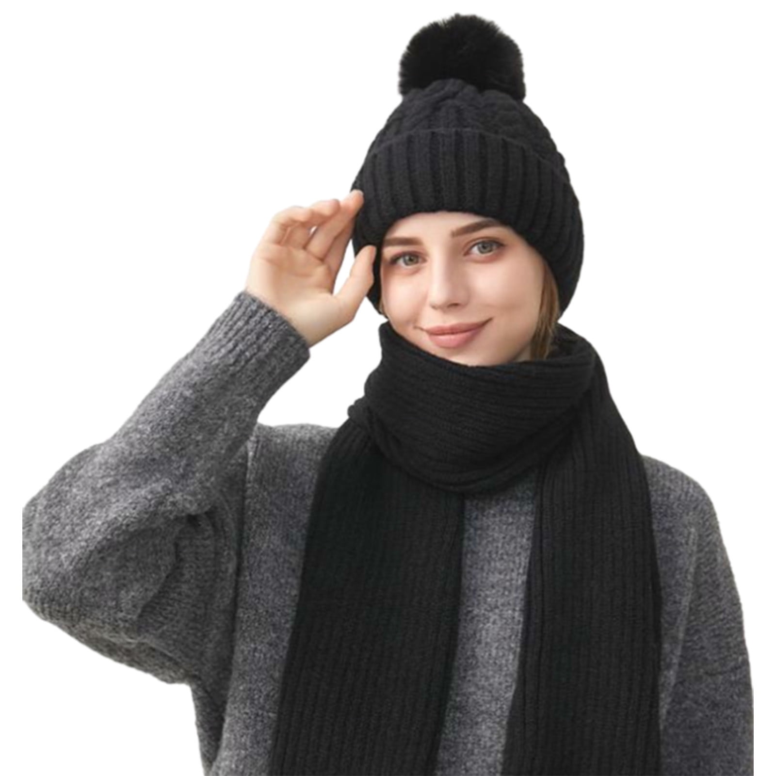 Black Womens Winter Knitted Hat And Scarf Set With Pompon For Cold ...
