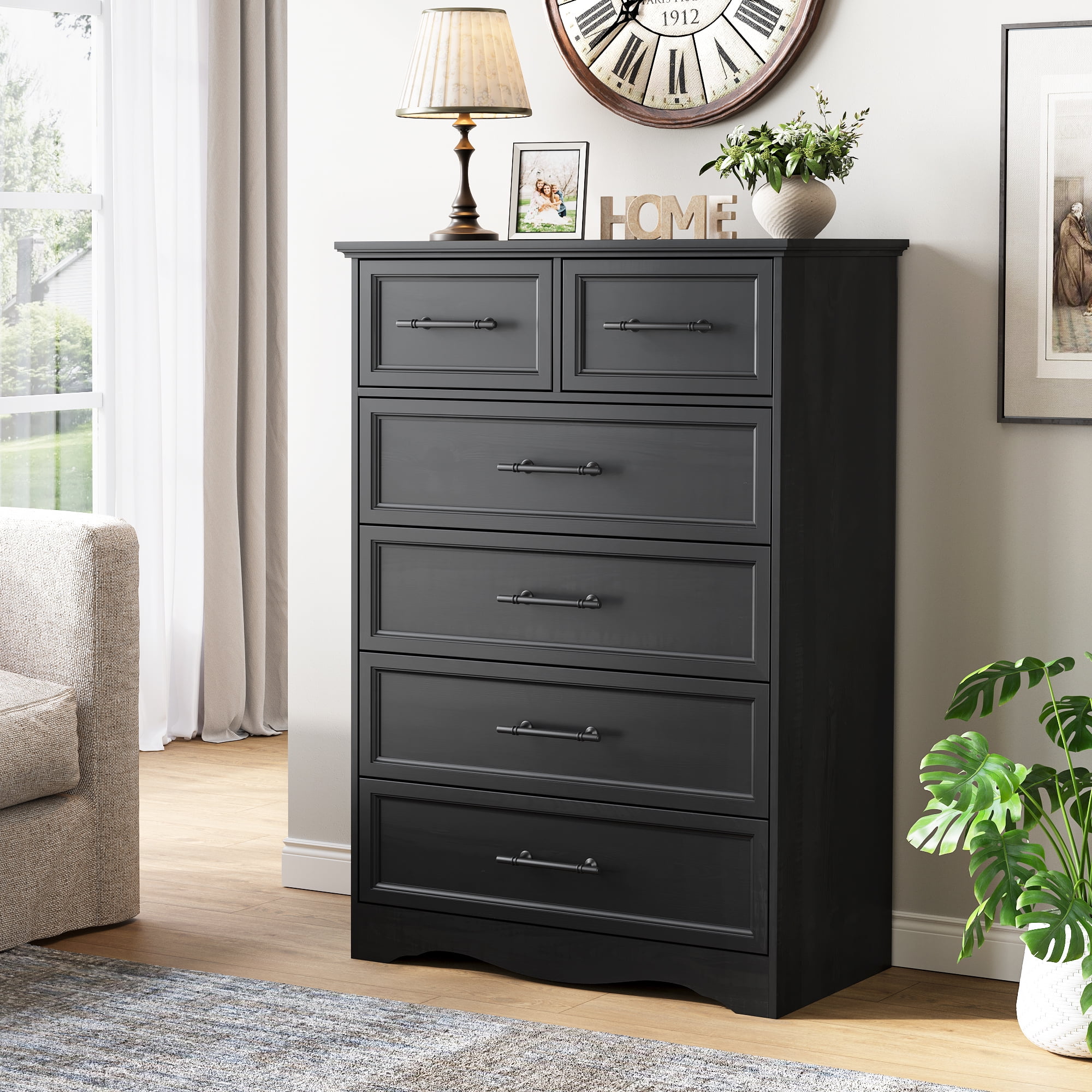 Black Wood 6-Drawer Storage Dresser, 44 Inches Tall Wooden Bedroom ...
