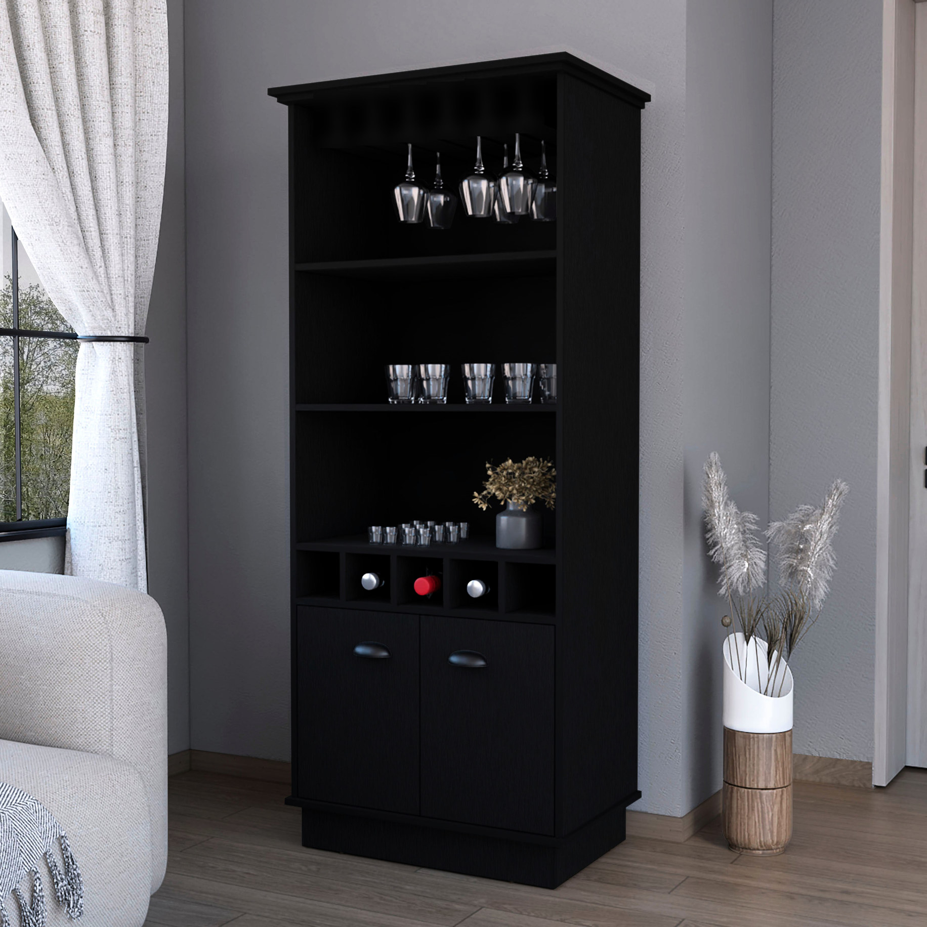 Black Wood Bar Cabinet | Showcase Glassware and Store Bottles at Home ...