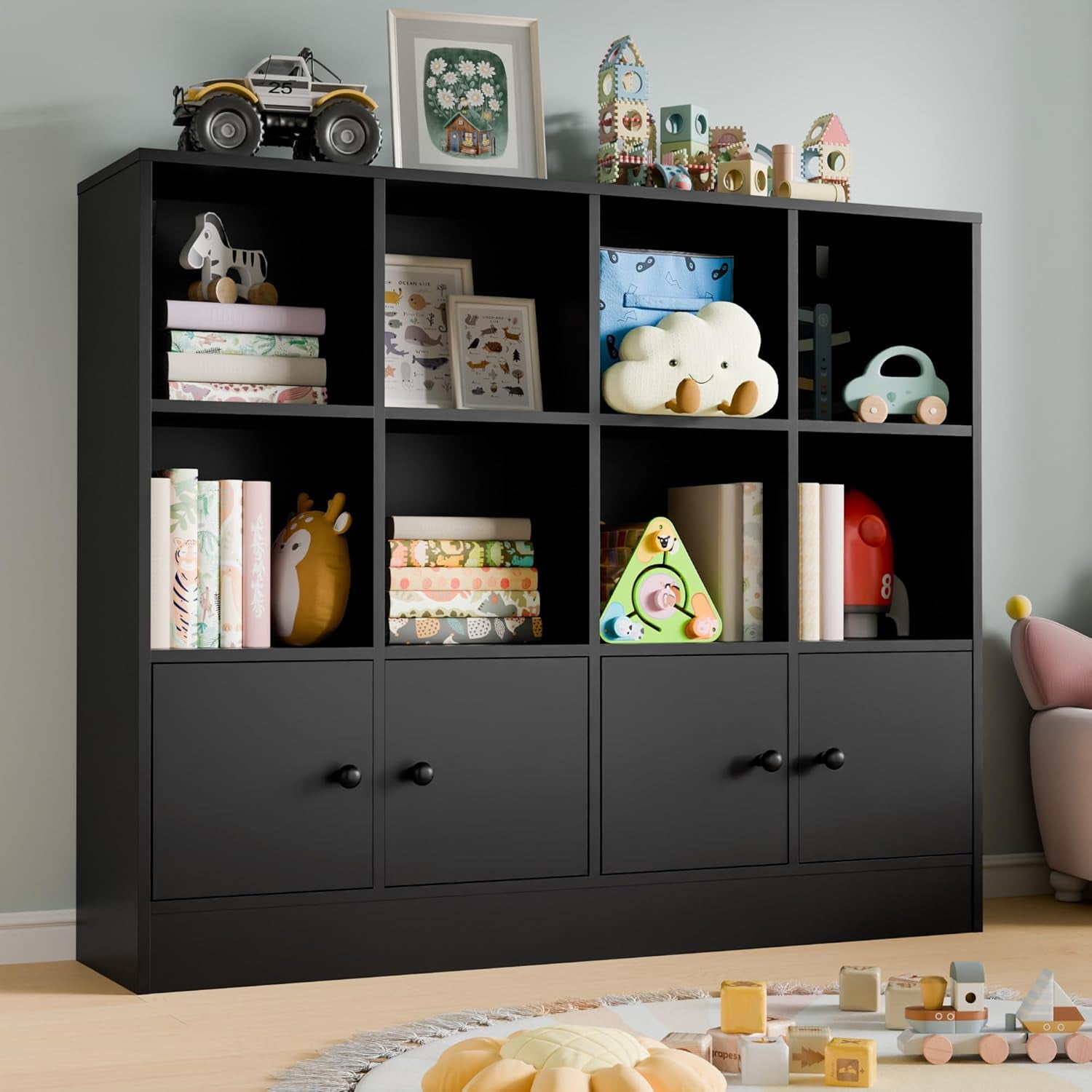 Black Wood Bookcase,12 Cube Storage Organizer Bookshelf with 4 Doors,3 ...