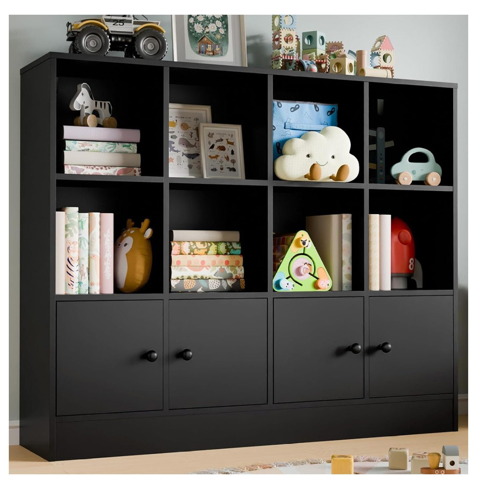 Black Wood Bookcase,12 Cube Storage Organizer Bookshelf with 4 Doors,3 ...