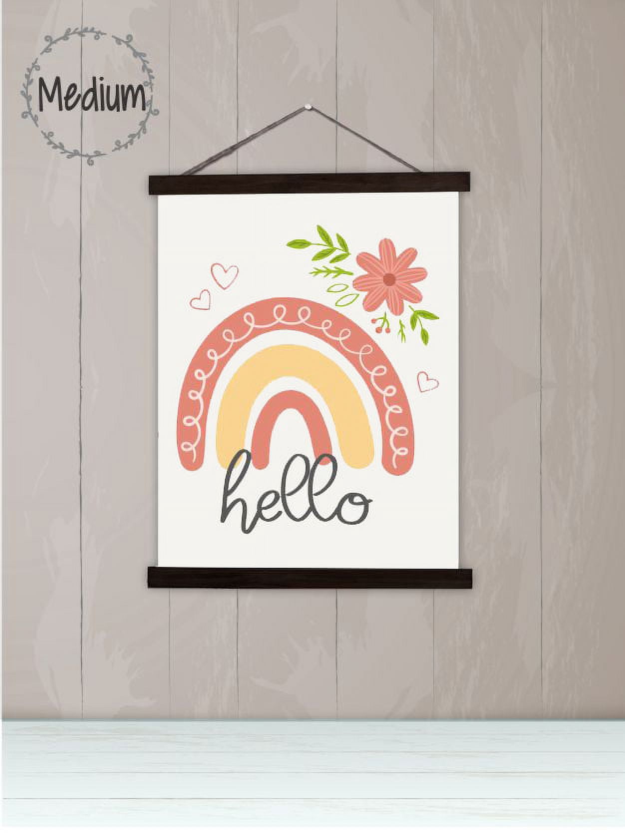 Black Wood, Canvas Sign, Hello Rainbow Florals Welcome Kids Room Art ...