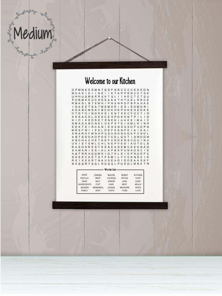 Black Wood, Canvas Sign, Kitchen Decor Word Search Puzzle Art Print ...
