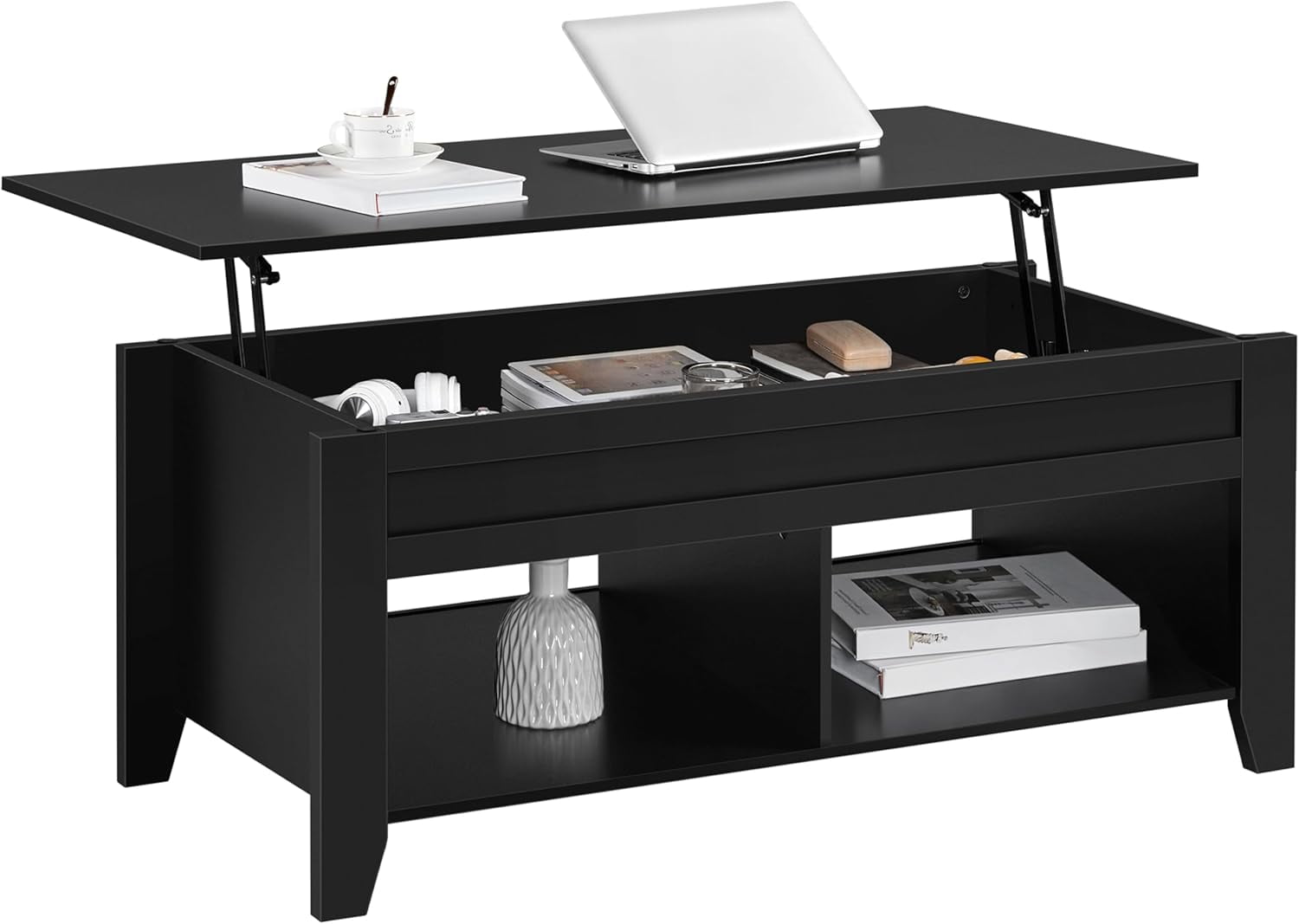 Black Wood Coffee Table Lift Up Coffee Table w/Hidden Storage & 2 Open ...