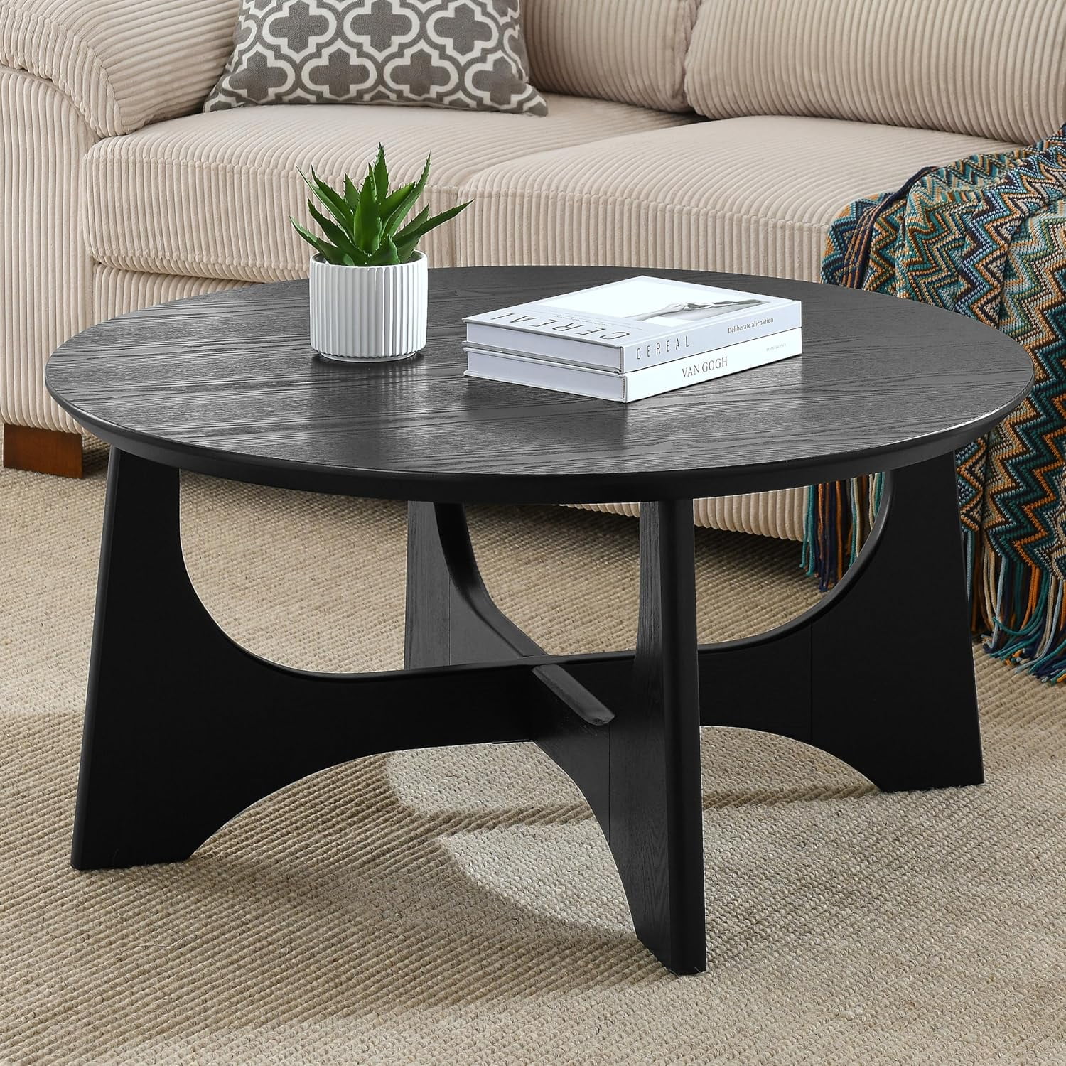Black Wood Coffee Table Round Living Room Center Table Rustic with ...