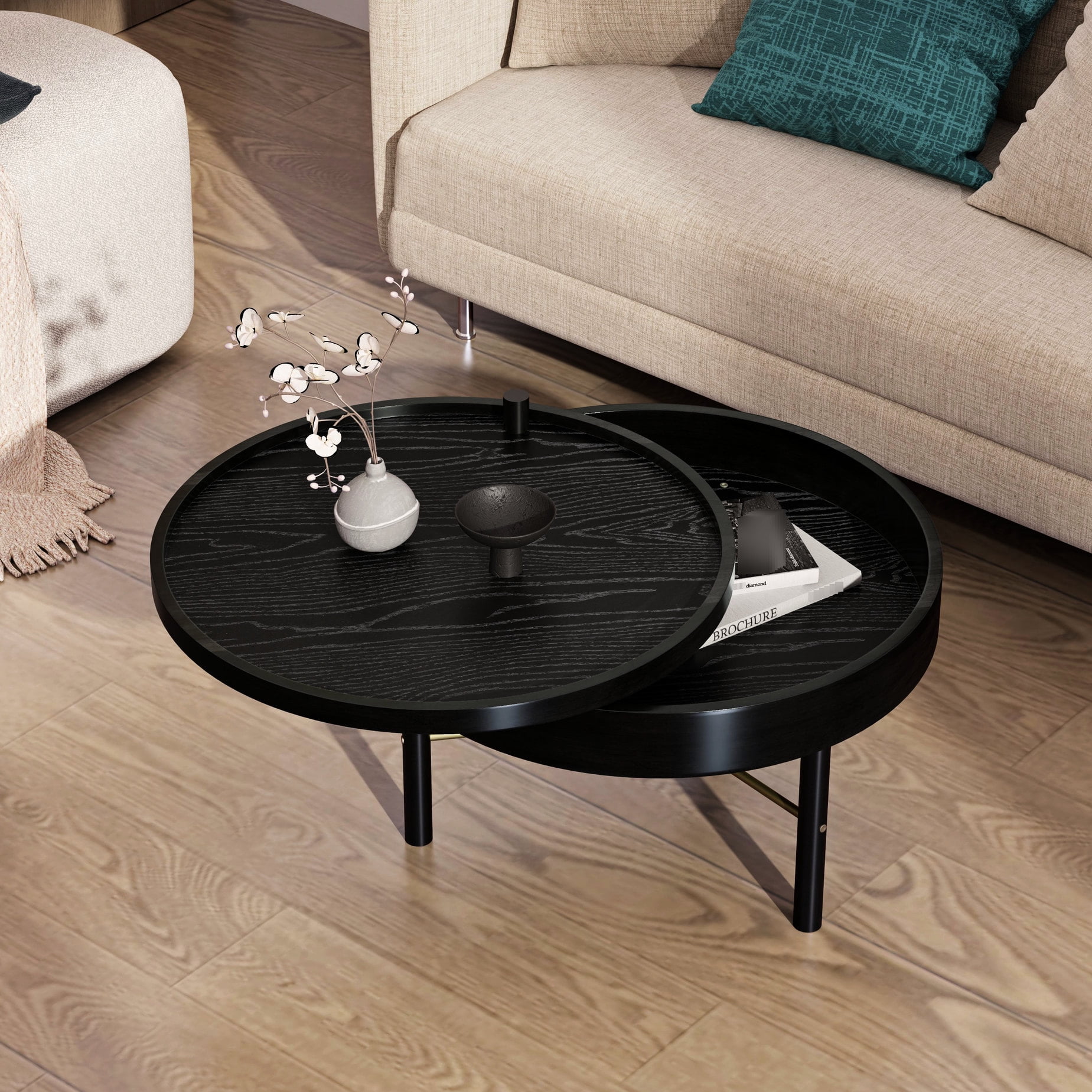 Black Wood Coffee Table with Rotating Tray+Triangular Metal Frame ...