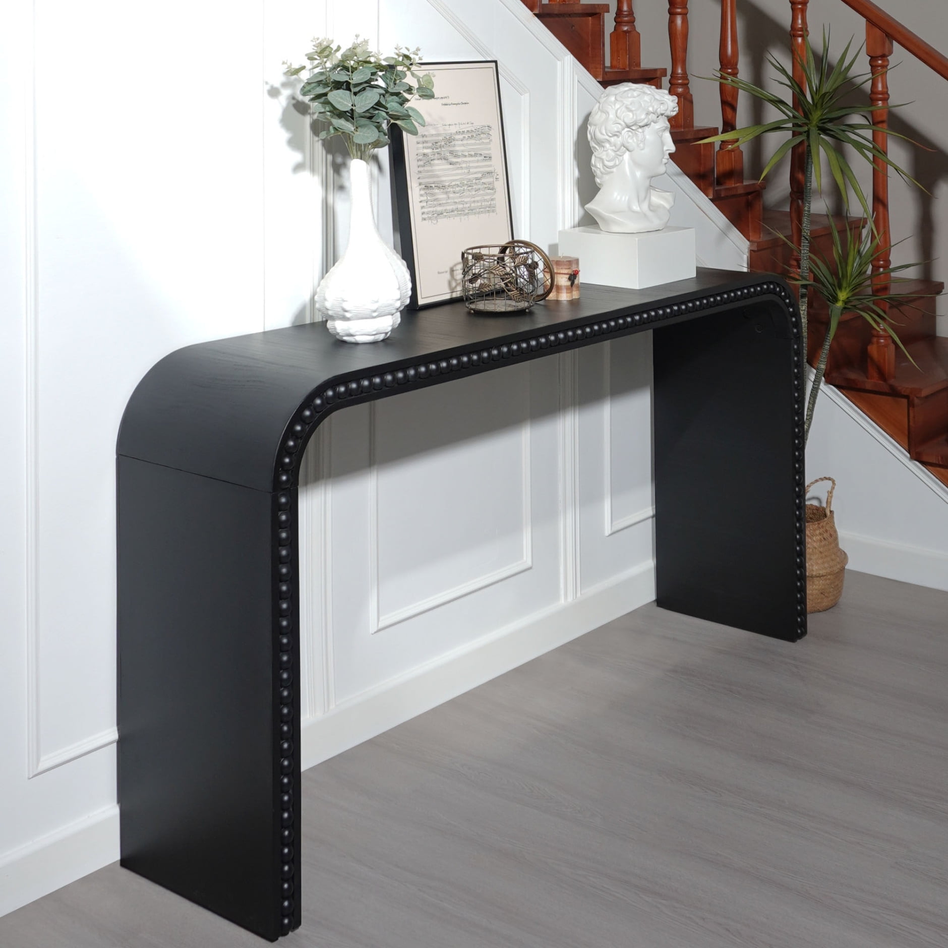 Black Wood Console Table, 59In Entryway Table, Curved Waterfall-Style ...