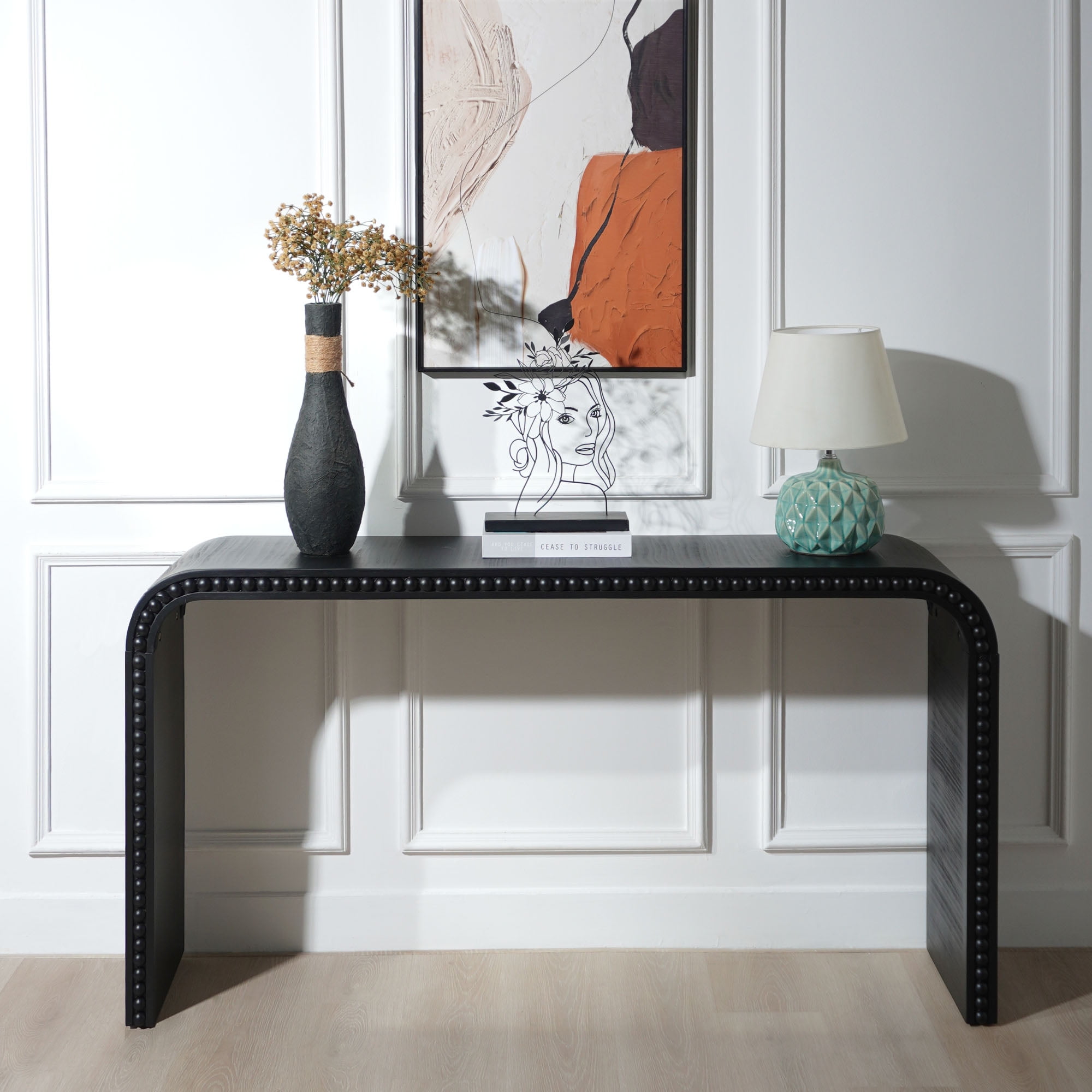 Black Wood Console Table, 59In Entryway Table, Curved Waterfall-Style ...