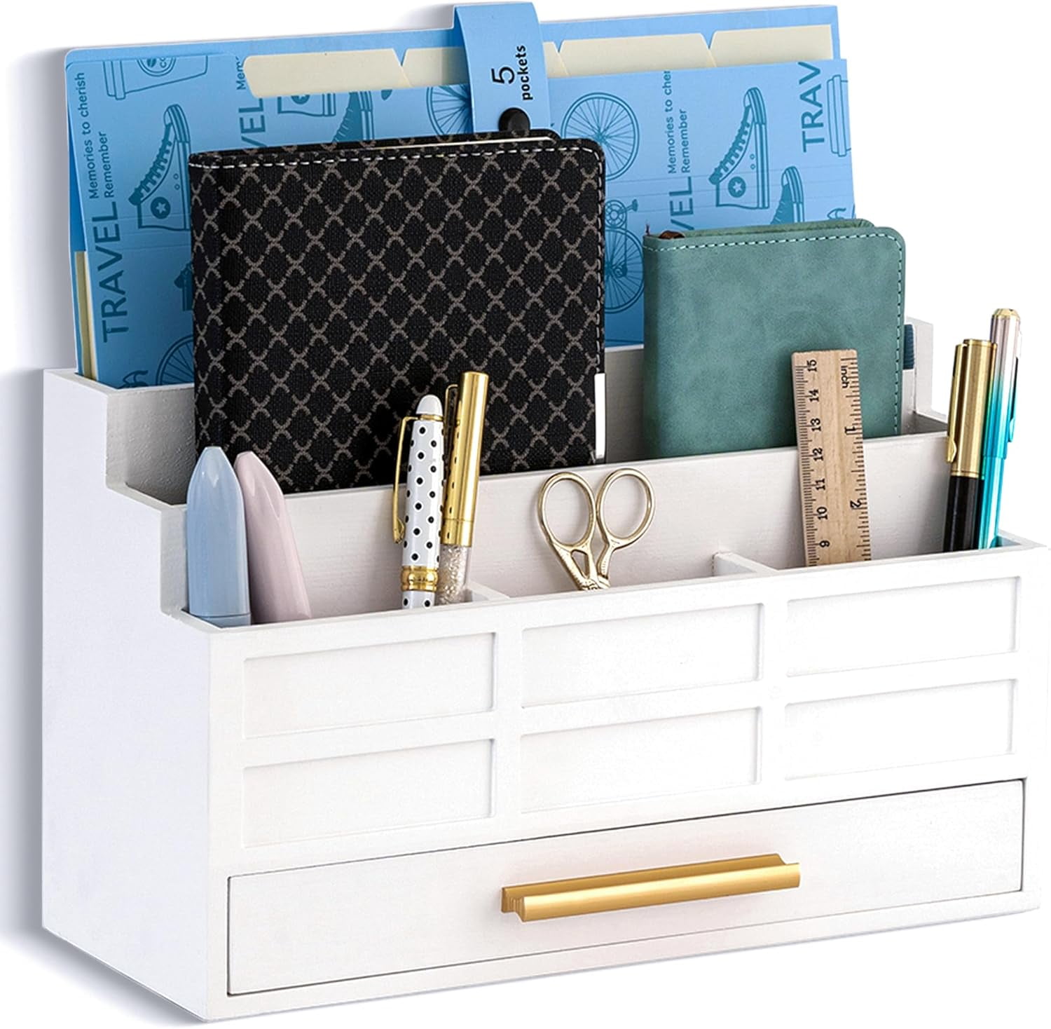 Black Wood Desk Organizer and Accessories with Drawer, Bill Mail ...