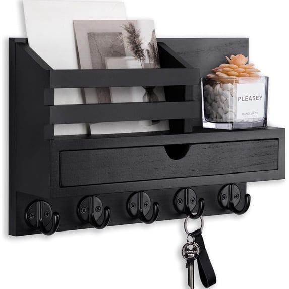 Black Wood Entryway Organizer with Mail Slot, Drawer & Hooks, Wall ...