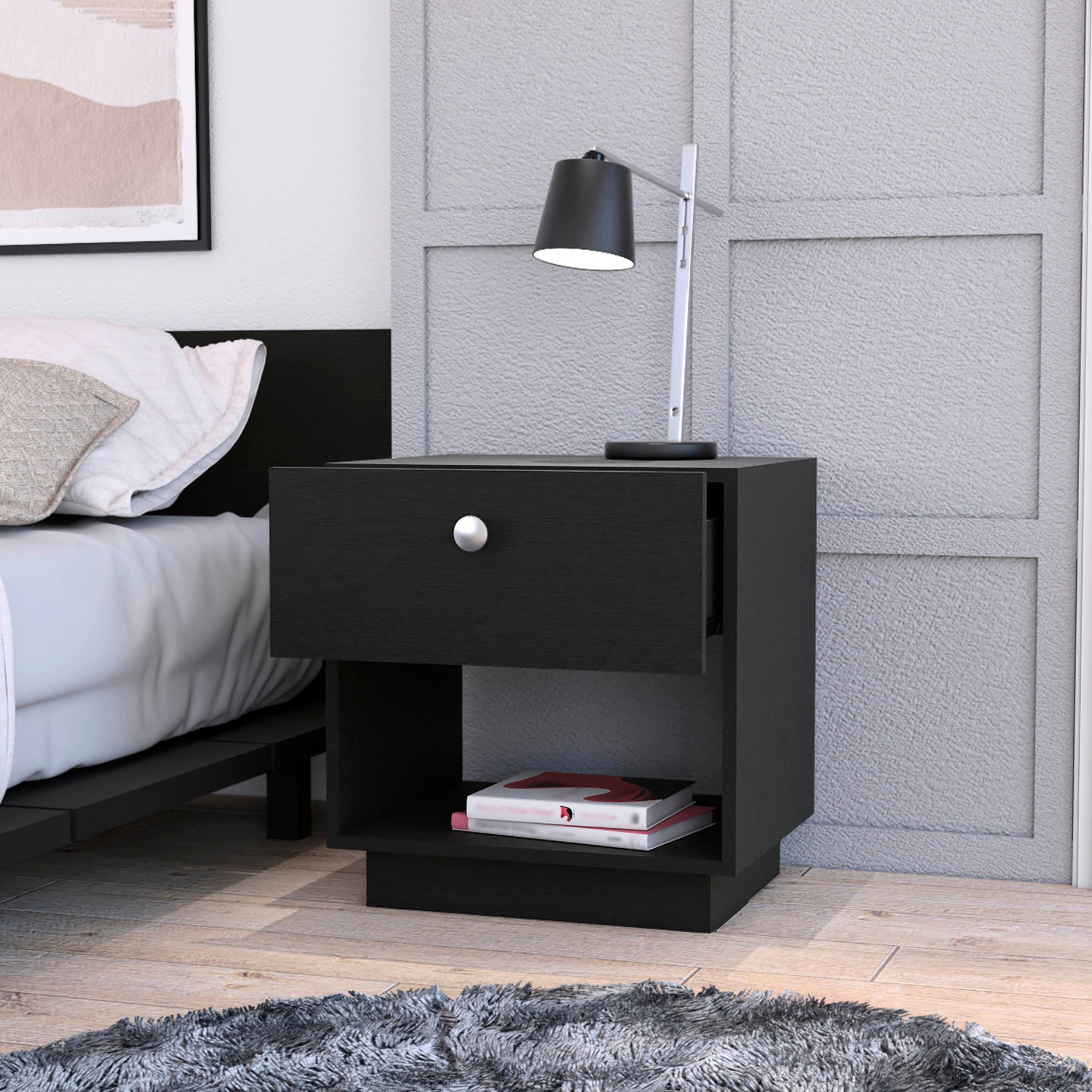 Black Wood Finish Nightstand+Ample Drawer Storage”-“Bedroom Setup+Store ...