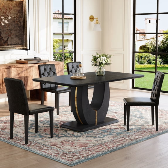 Black Wood Grain Dining Table Set for 4 people, 63" Modern MDF Dining ...