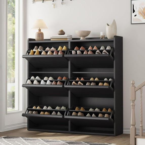Black Wood Grain Shoe Cabinet with 6 Flip Doors, Wooden Shoe Storage ...