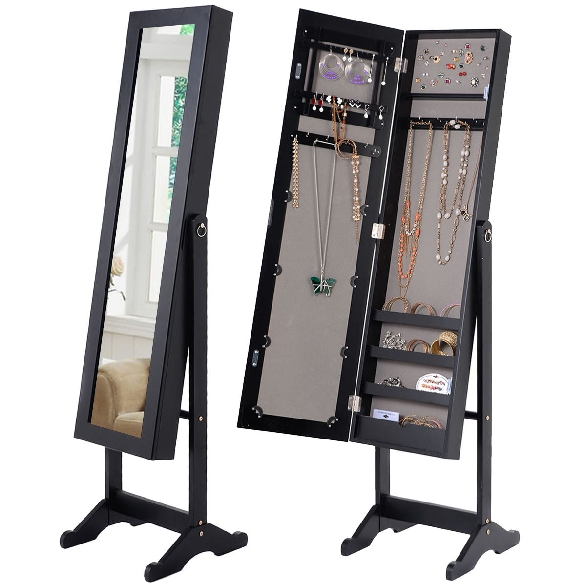 Black Wood Jewelry Storage Cabinet Freestanding Floor Mirror - Walmart.com