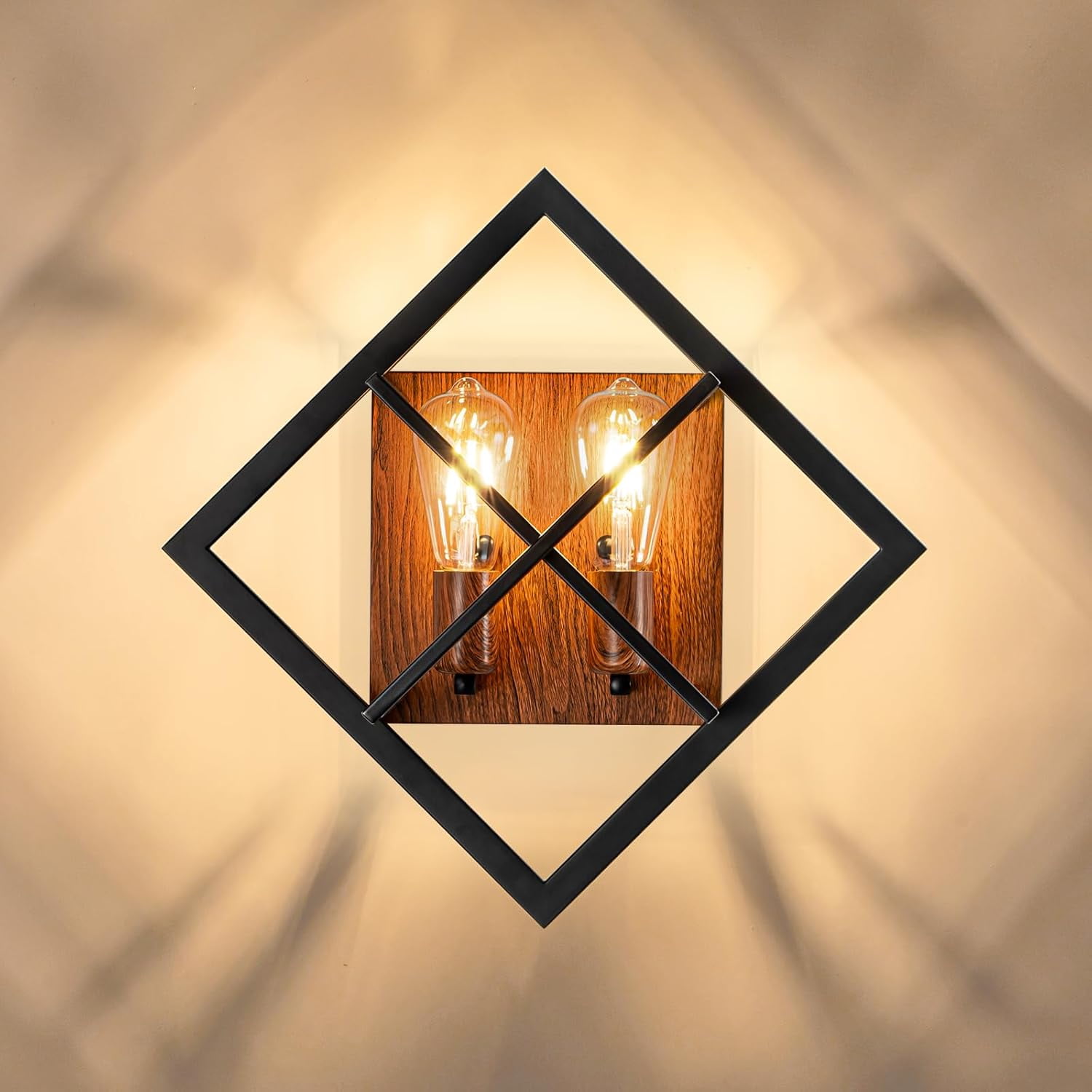 Black Wood Metal Wall Sconces with Square Cage Hardwired Farmhouse ...