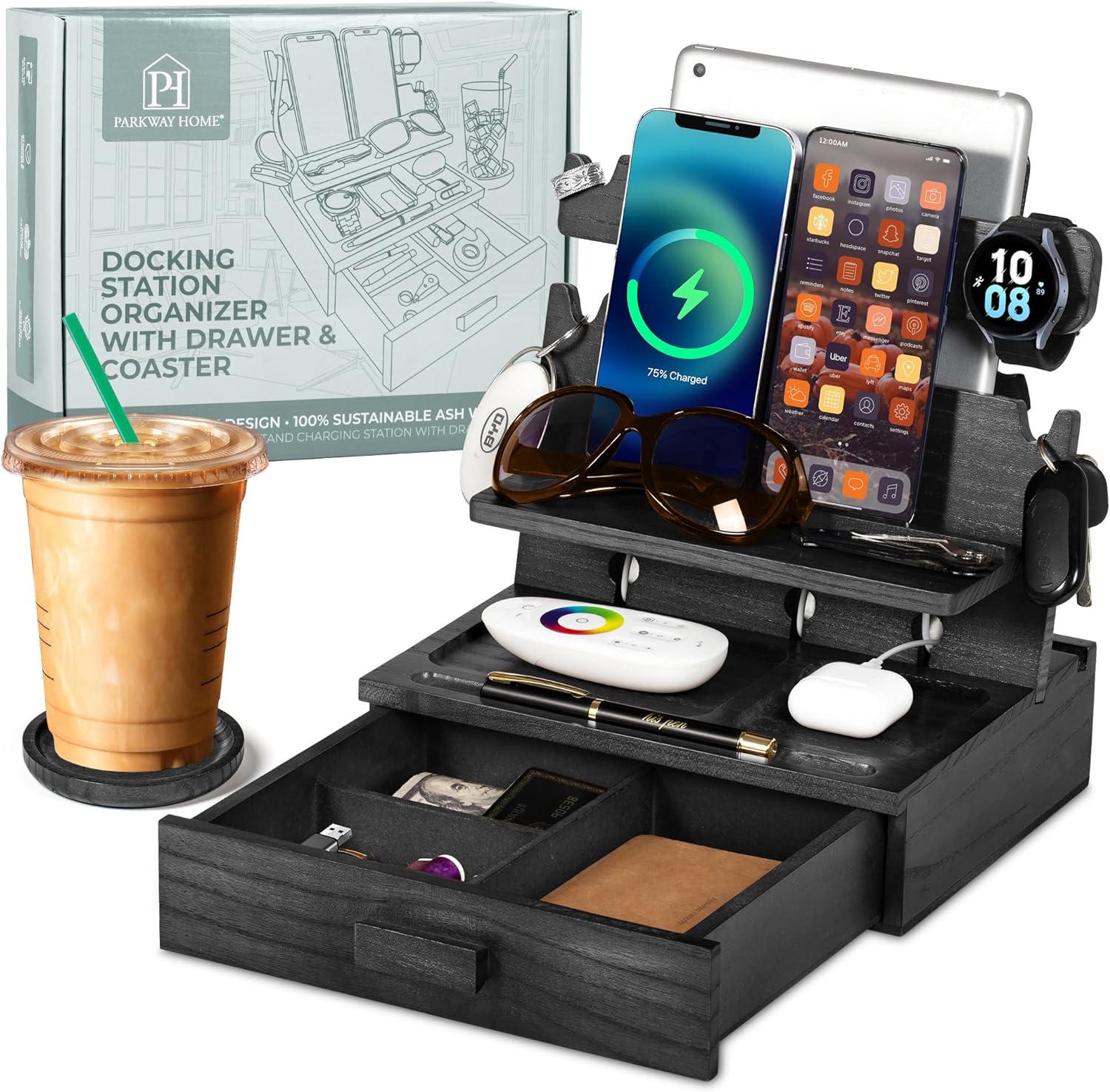 Black Wood Phone Docking Station for up to 3 Phones, Samsung Galaxy ...