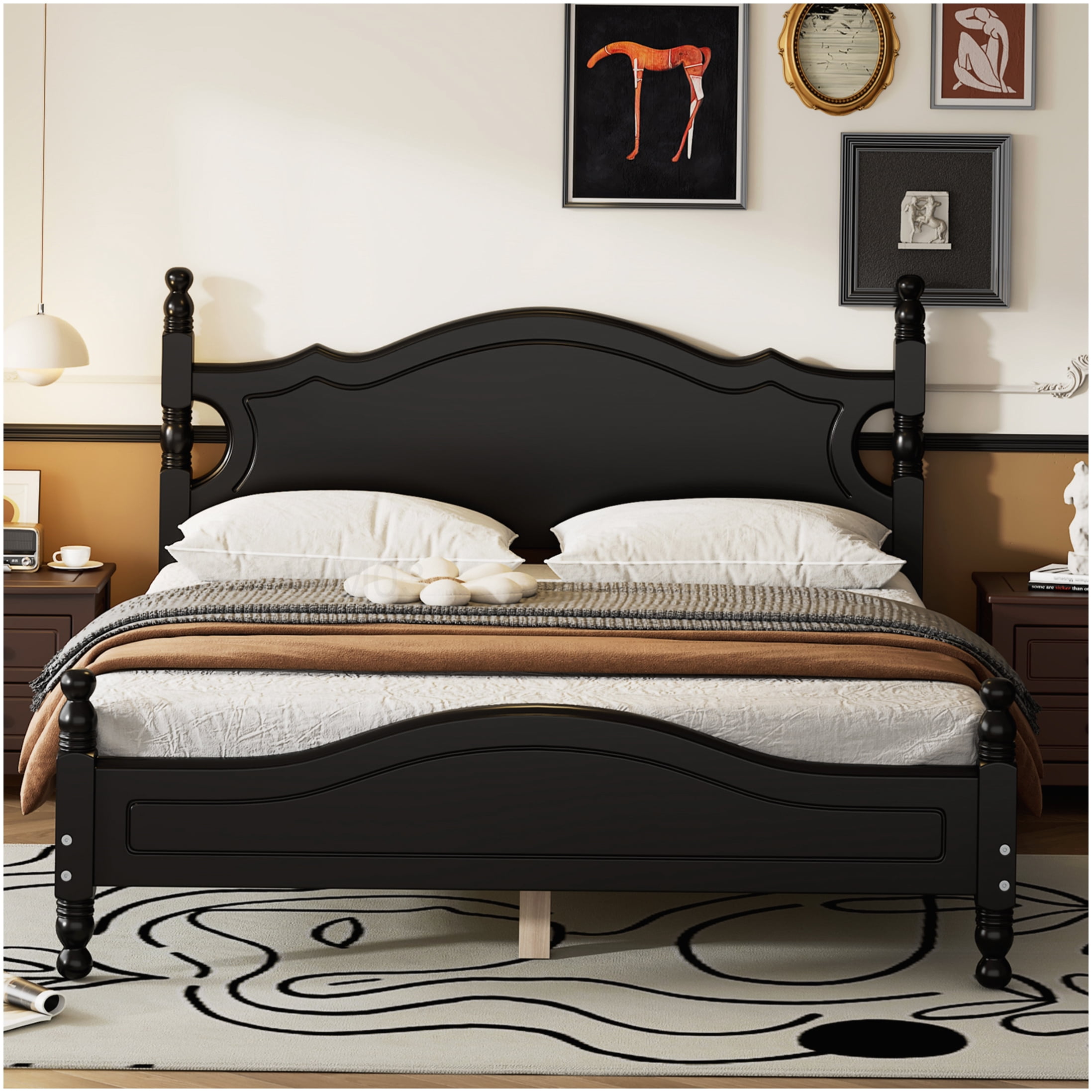 Black Wood Queen Bed Frame with Headboard, Retro Platform Design, No ...