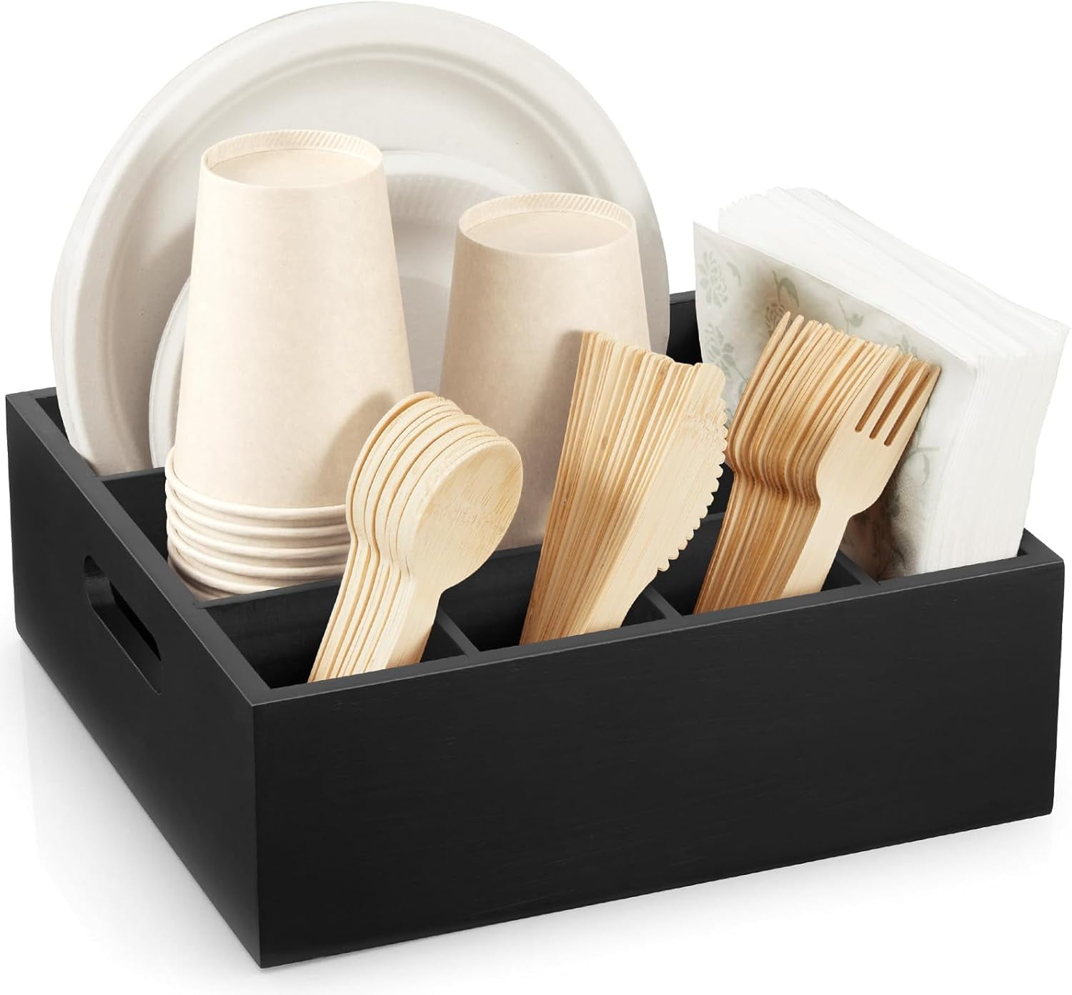 Black Wood Utensil Holder for Party - Paper Plate Organizer for ...