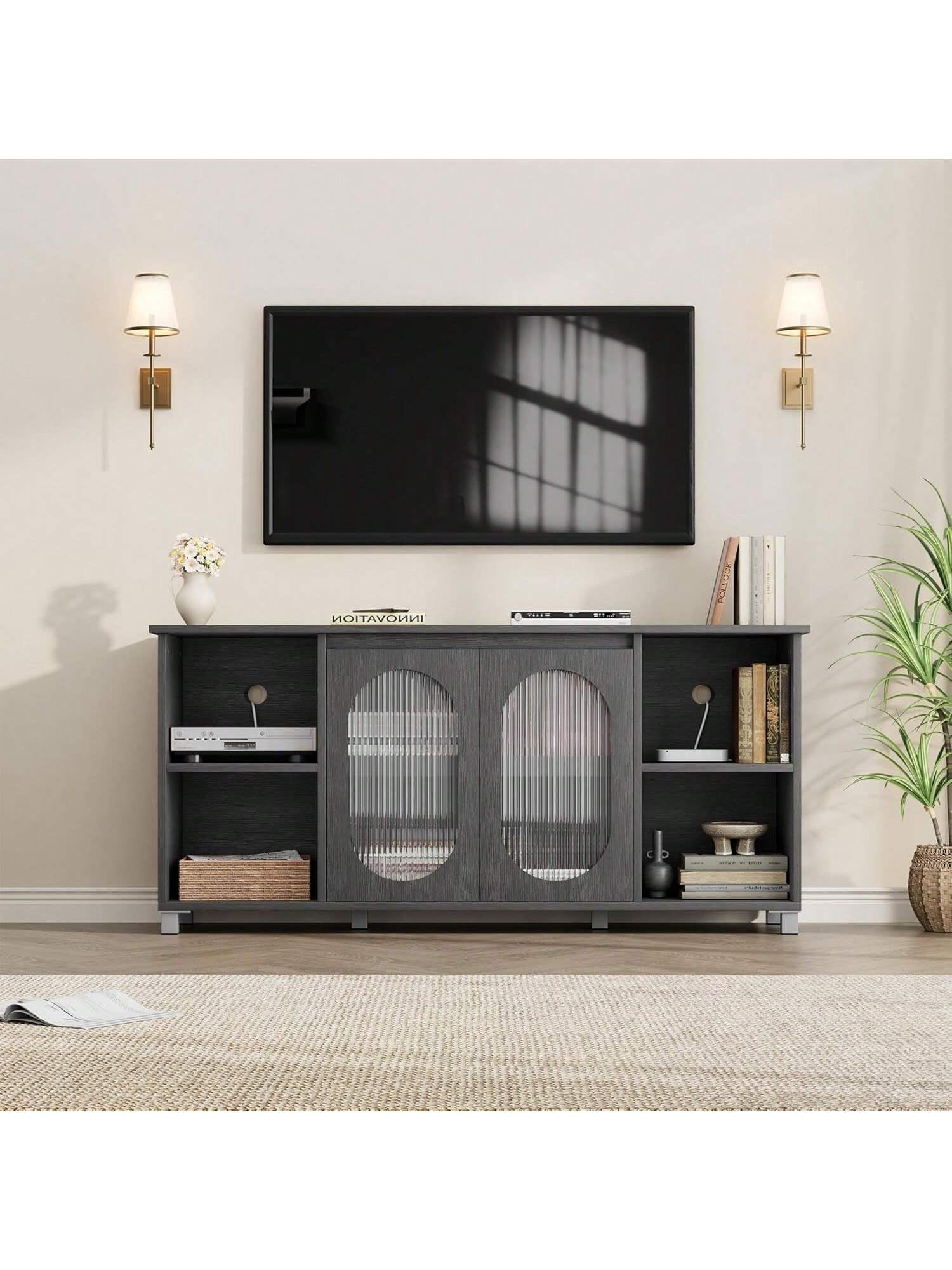 Black Wooden 70-Inch Vintage-Style TV Stand With Four Open Storage ...