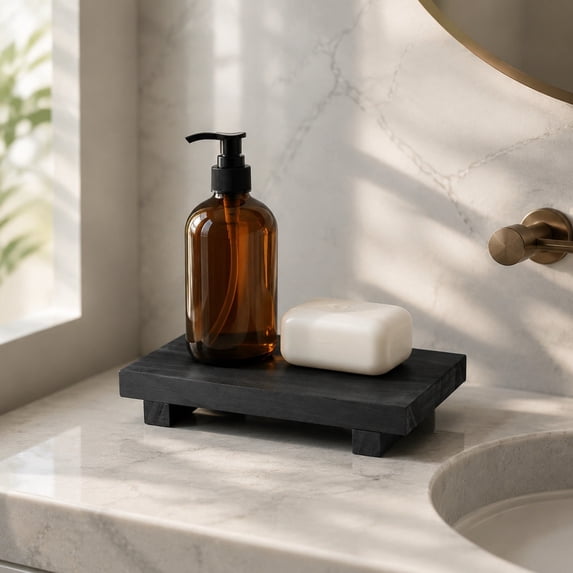 Black Wooden Display Stand, Elevated Rectangular Tray with Legs for ...